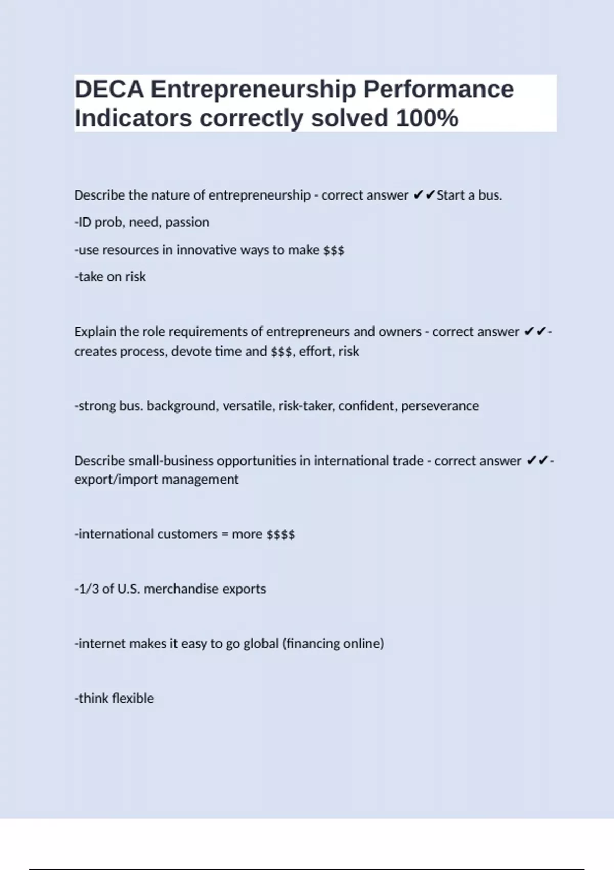 DECA Entrepreneurship Performance Indicators correctly solved 100% ...