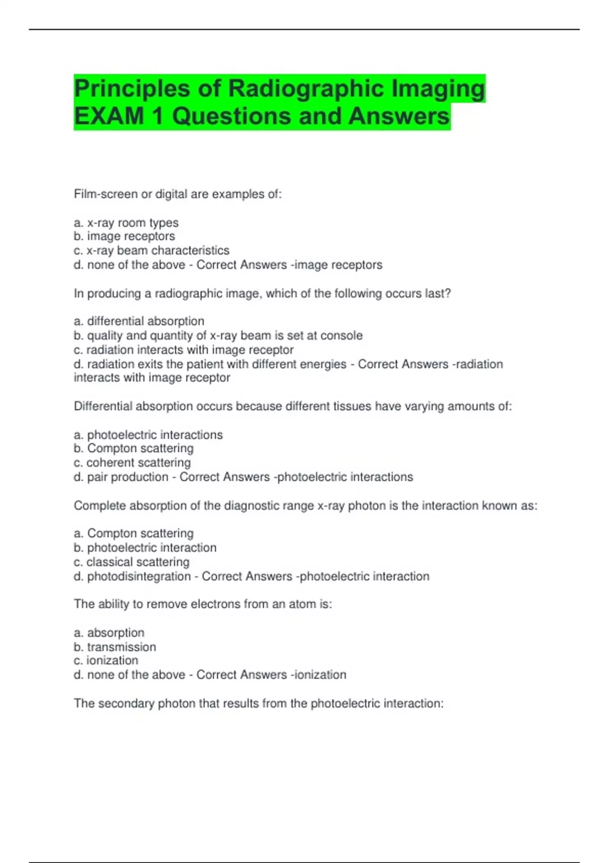 Principles of Radiographic Imaging EXAM 1 Questions and Answers - Imaging - Stuvia US