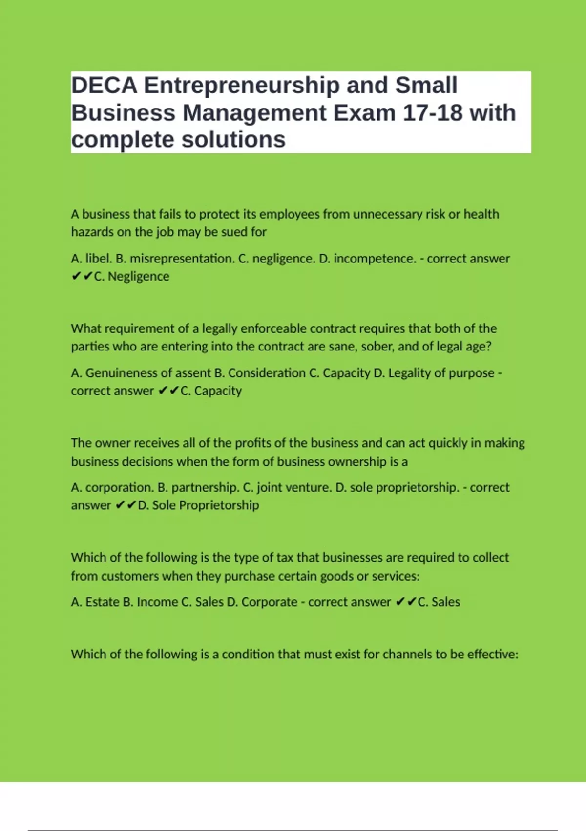 DECA Entrepreneurship and Small Business Management Exam 17-18 with complete solutions - DECA ...