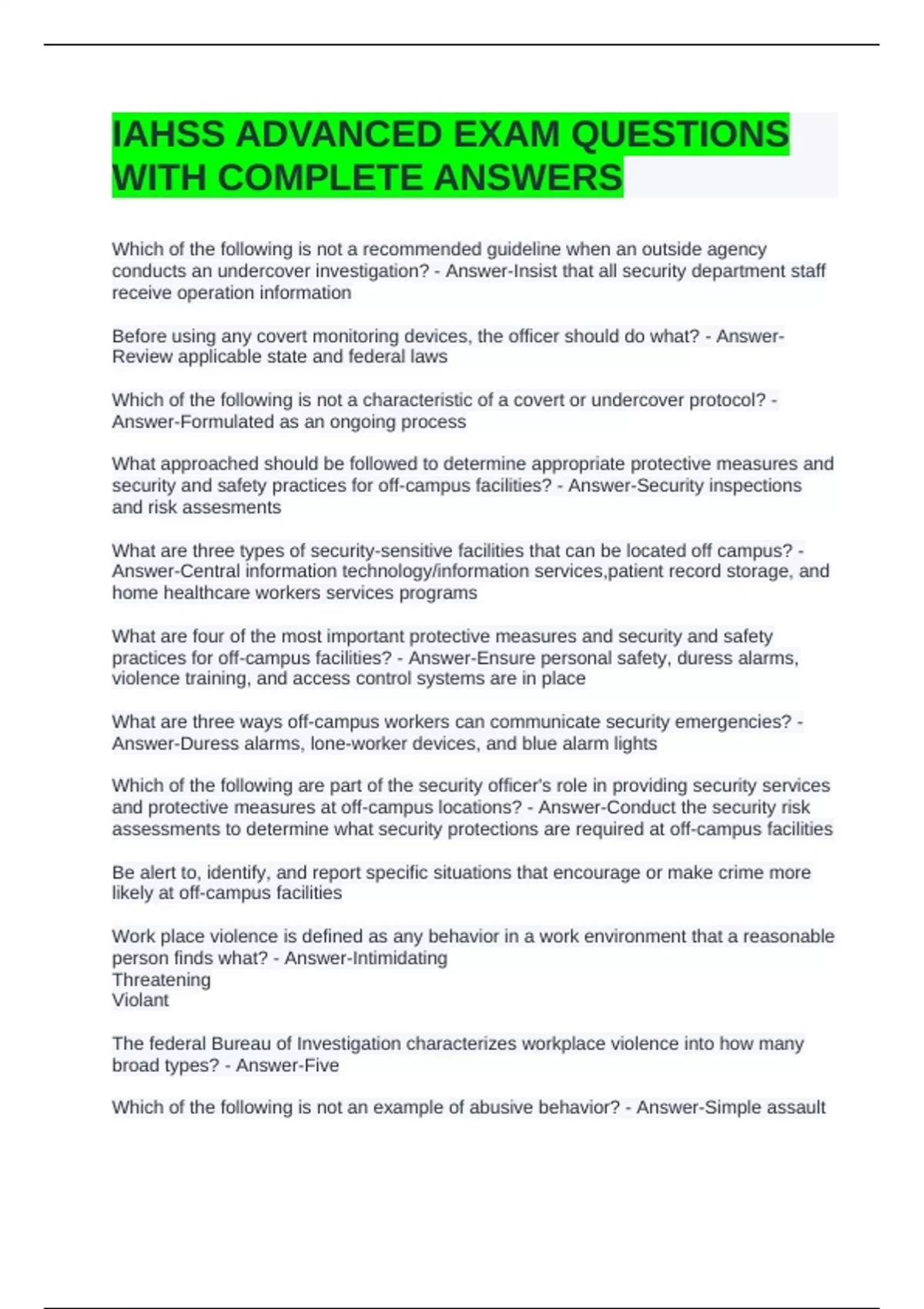 IAHSS ADVANCED EXAM QUESTIONS WITH COMPLETE ANSWERS - IAHSS - Stuvia US