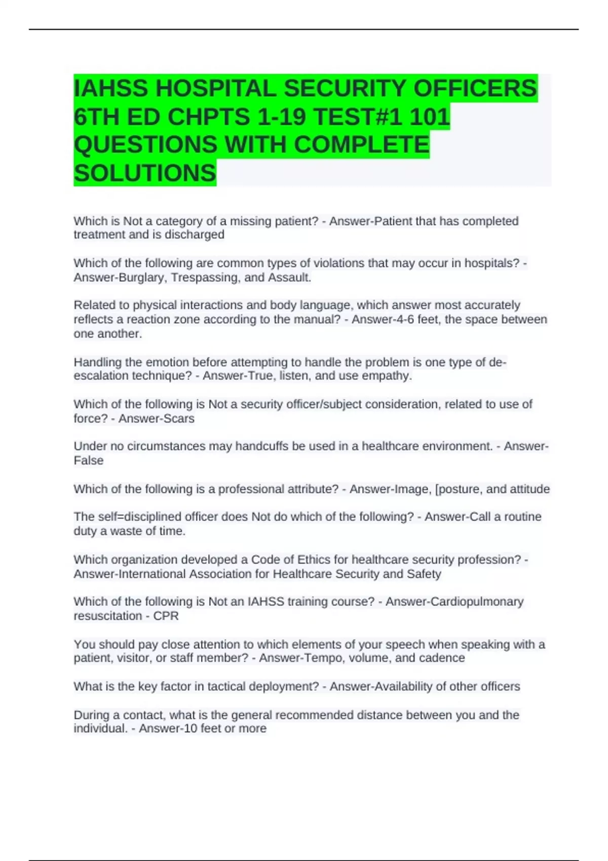 IAHSS HOSPITAL SECURITY OFFICERS 6TH ED CHPTS 1-19 TEST#1 101 QUESTIONS ...