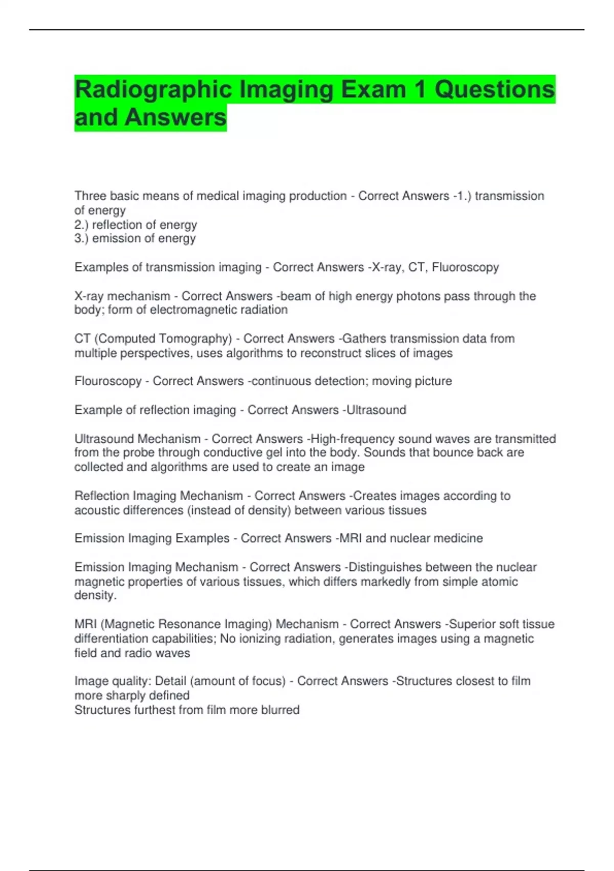Radiographic Imaging Exam 1 Questions and Answers - Imaging - Stuvia US