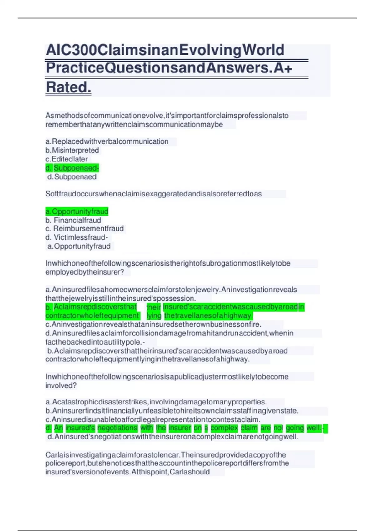AIC 300 CLAIMS IN AN EVOLVING WORLD 2025 NEWEST COMPLETE 250 QUESTIONS ...