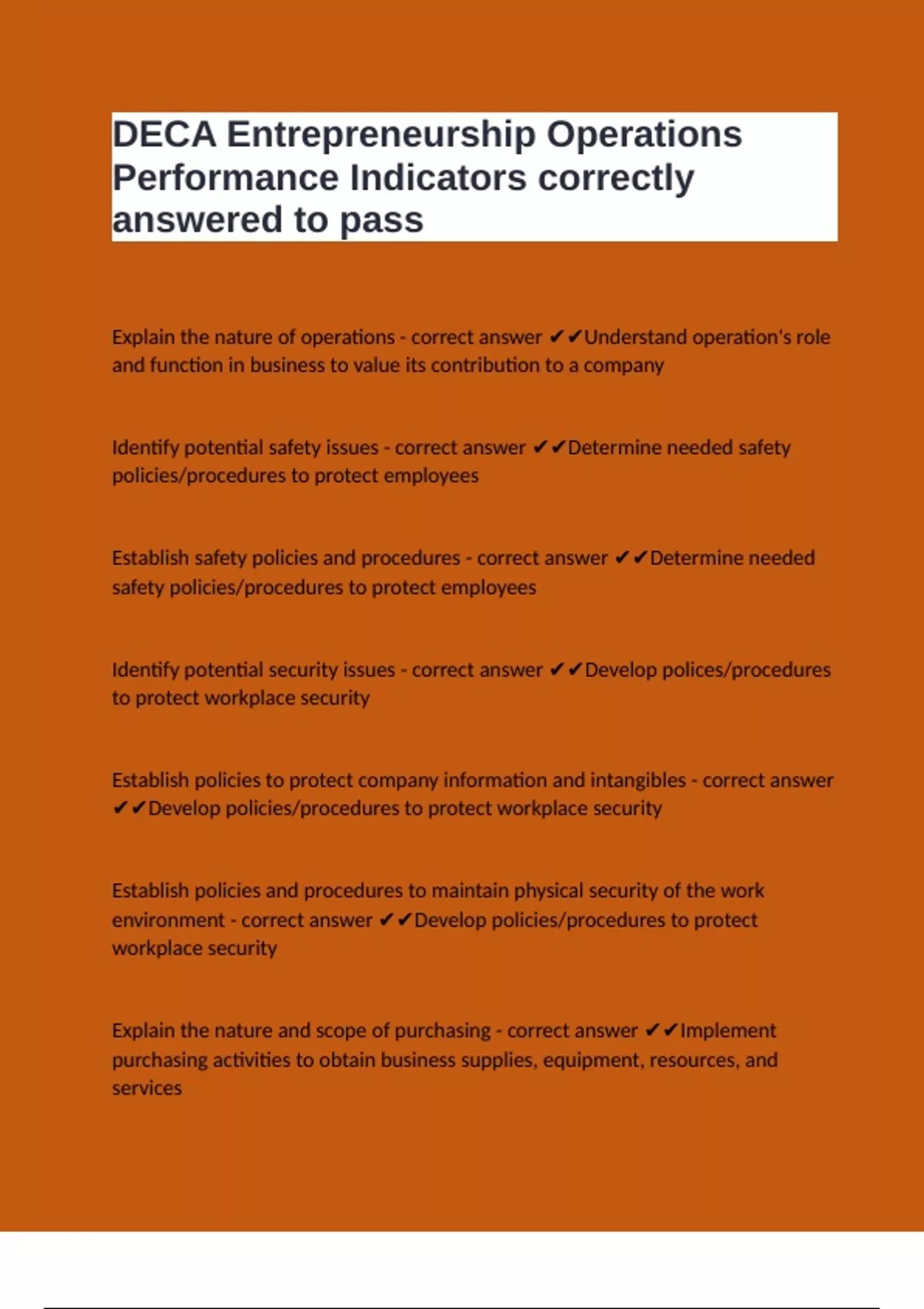 DECA Entrepreneurship Operations Performance Indicators correctly answered to pass - DECA ...