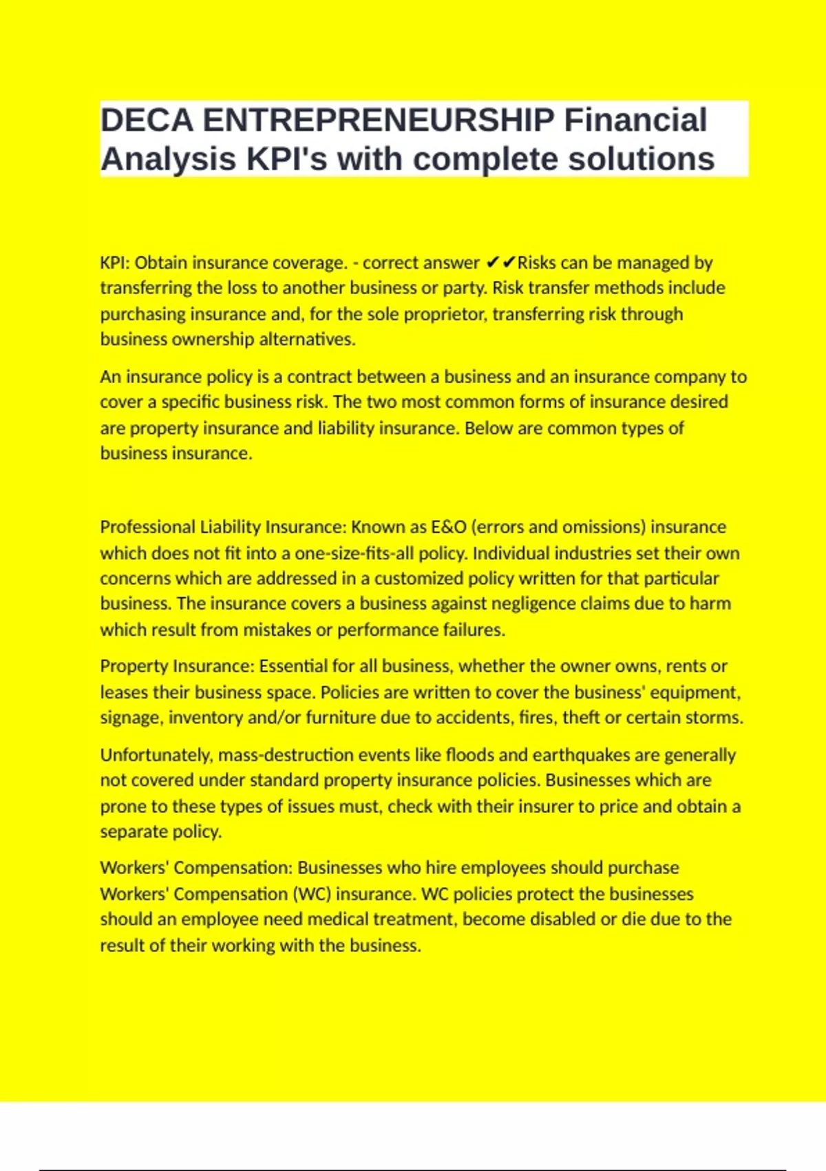 DECA ENTREPRENEURSHIP Financial Analysis KPI's with complete solutions ...