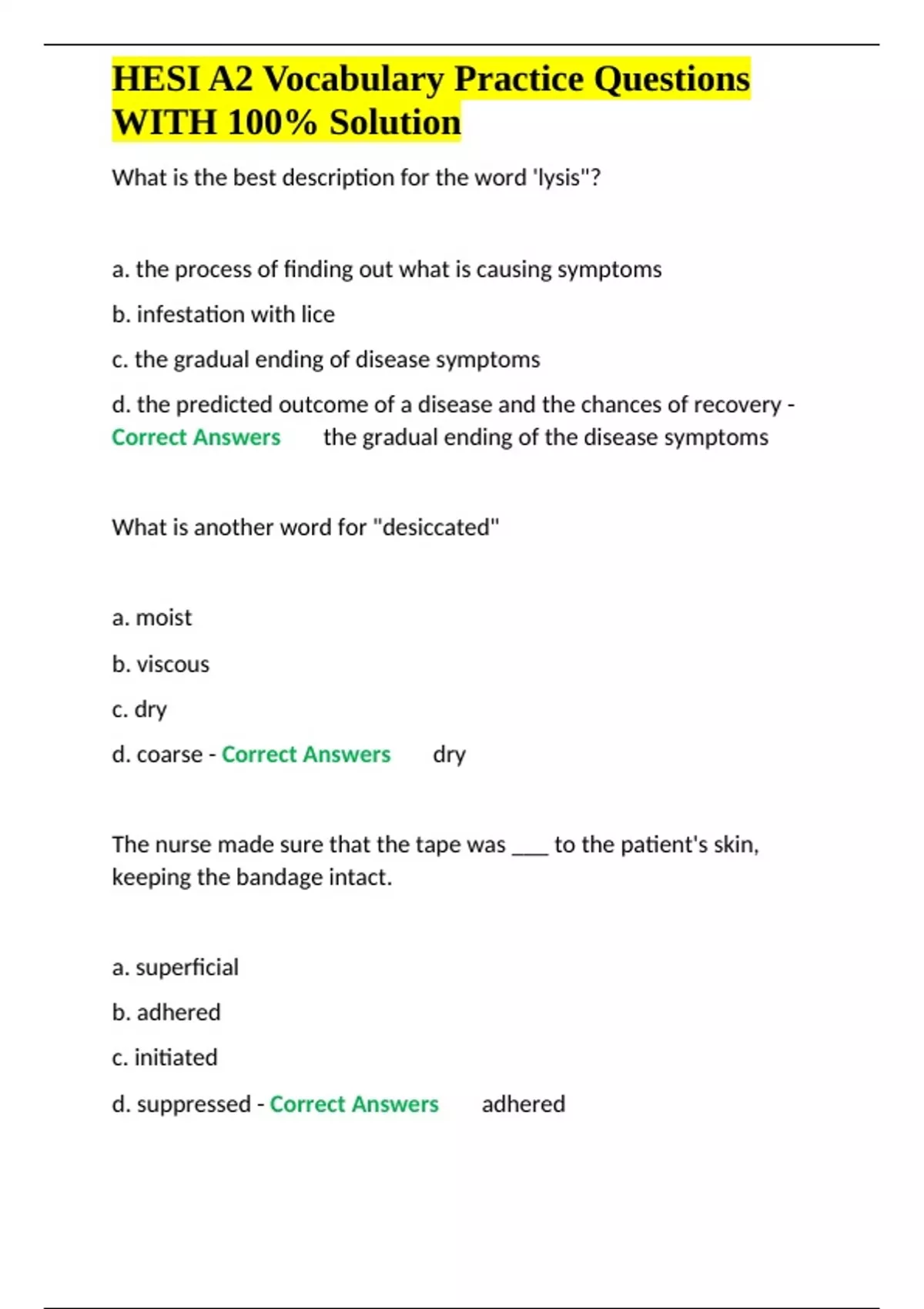 HESI A2 Vocabulary Practice Questions WITH 100- Solution.docx - NCLEX ...