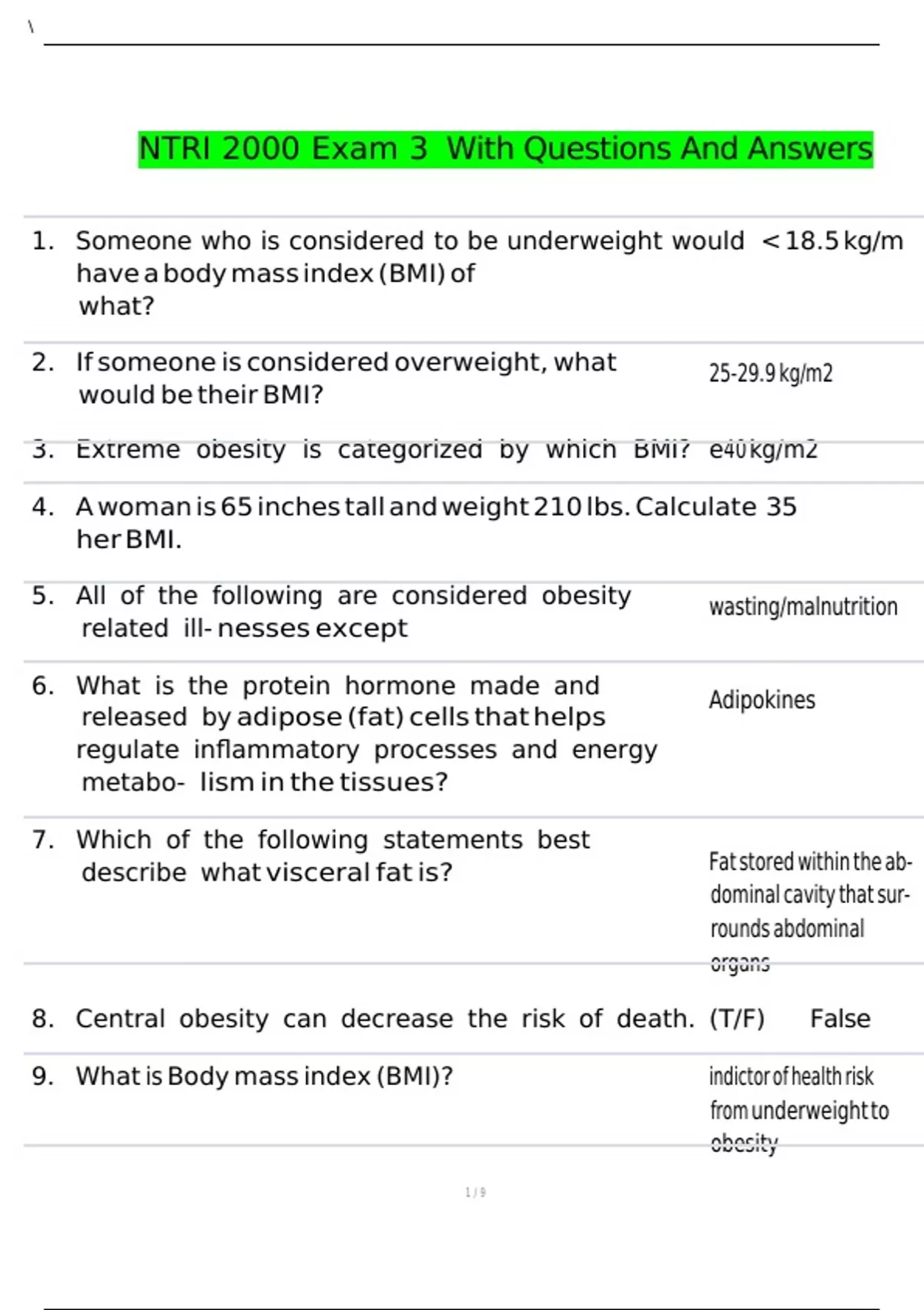 NTRI 2000 Exam 3 With Questions And Answers - NTRI 2000 - Stuvia US