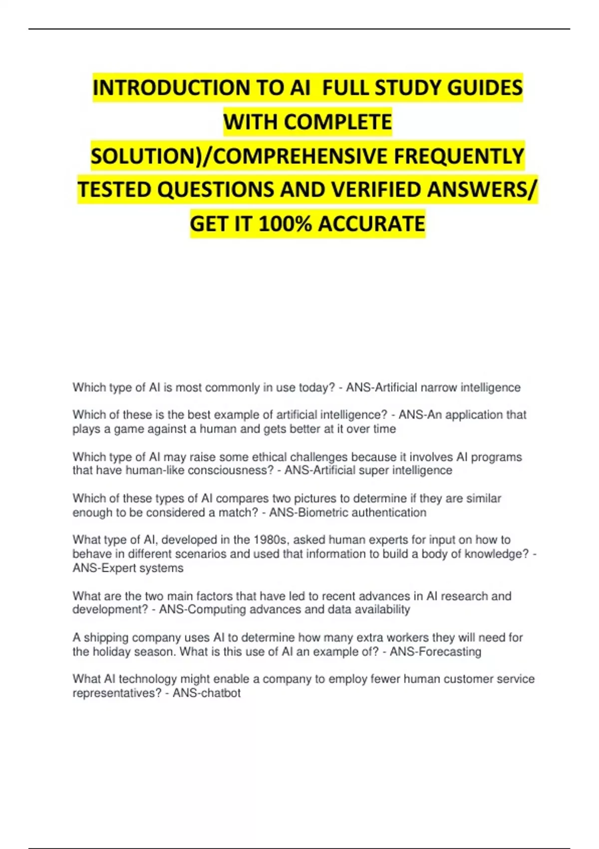 INTRODUCTION TO AI FULL STUDY GUIDES WITH COMPLETE SOLUTION ...