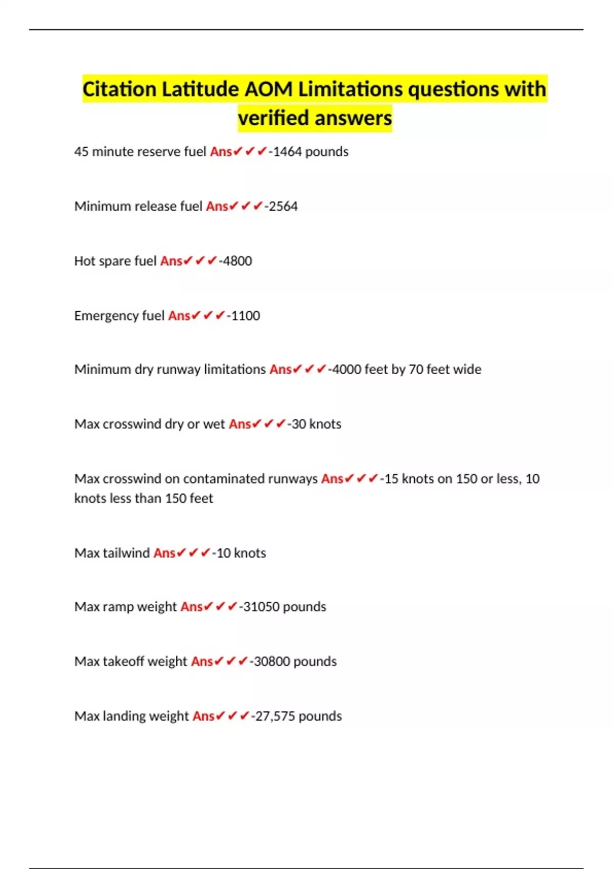 Citation Latitude AOM Limitations questions with verified answers ...