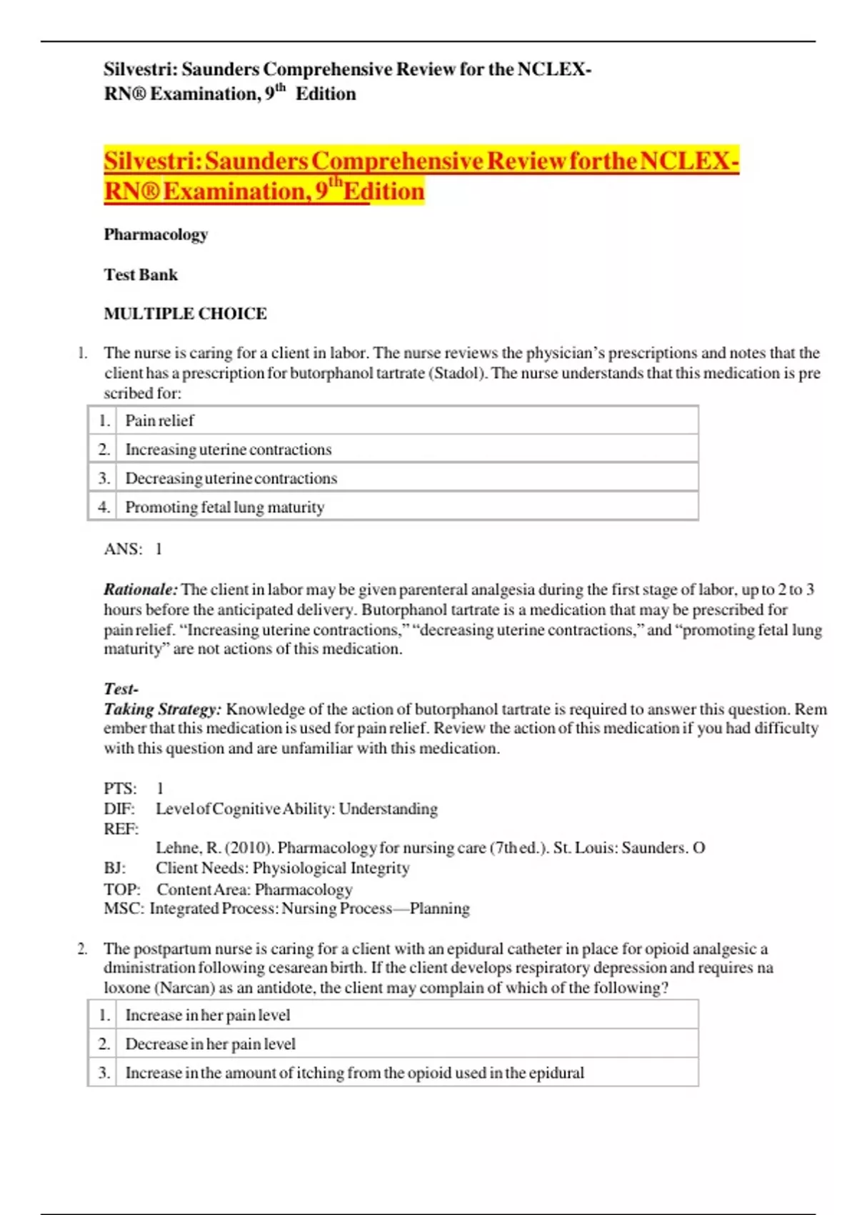 Test Bank for Saunders Comprehensive Review for the NCLEX-RN ...