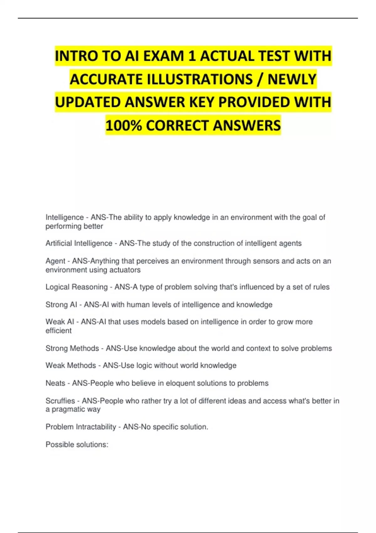 INTRO TO AI EXAM 1 ACTUAL TEST WITH ACCURATE ILLUSTRATIONS; NEWLY ...