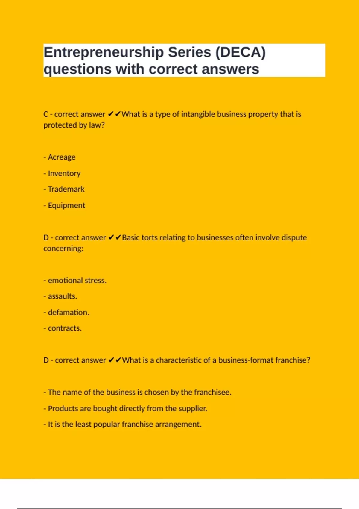 Entrepreneurship Series (DECA) questions with correct answers - Deca Entrepreneurship - Stuvia US