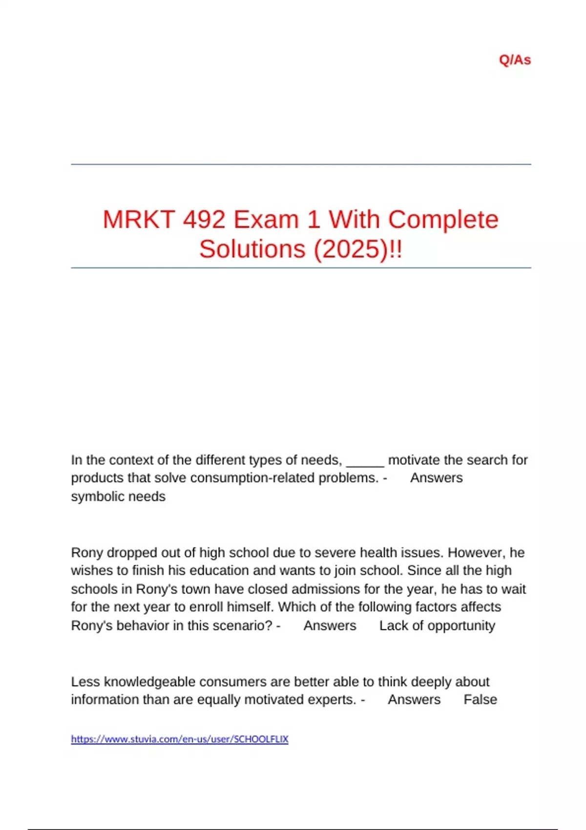 MRKT 492 Exam 1 With Complete Solutions (2025)!! - MRKT 492 - Stuvia US