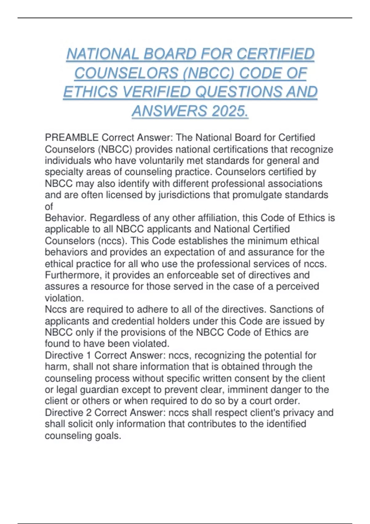 NATIONAL BOARD FOR CERTIFIED COUNSELORS (NBCC) CODE OF ETHICS VERIFIED ...