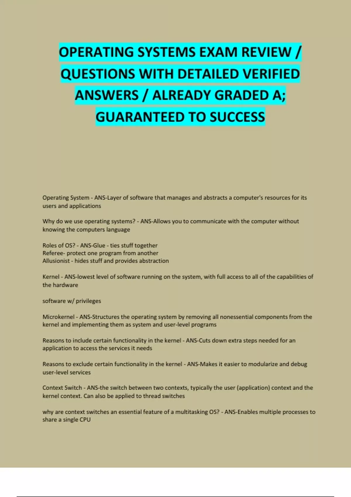 Operating Systems Exam Review Questions With Detailed Verified Answers Already Graded A