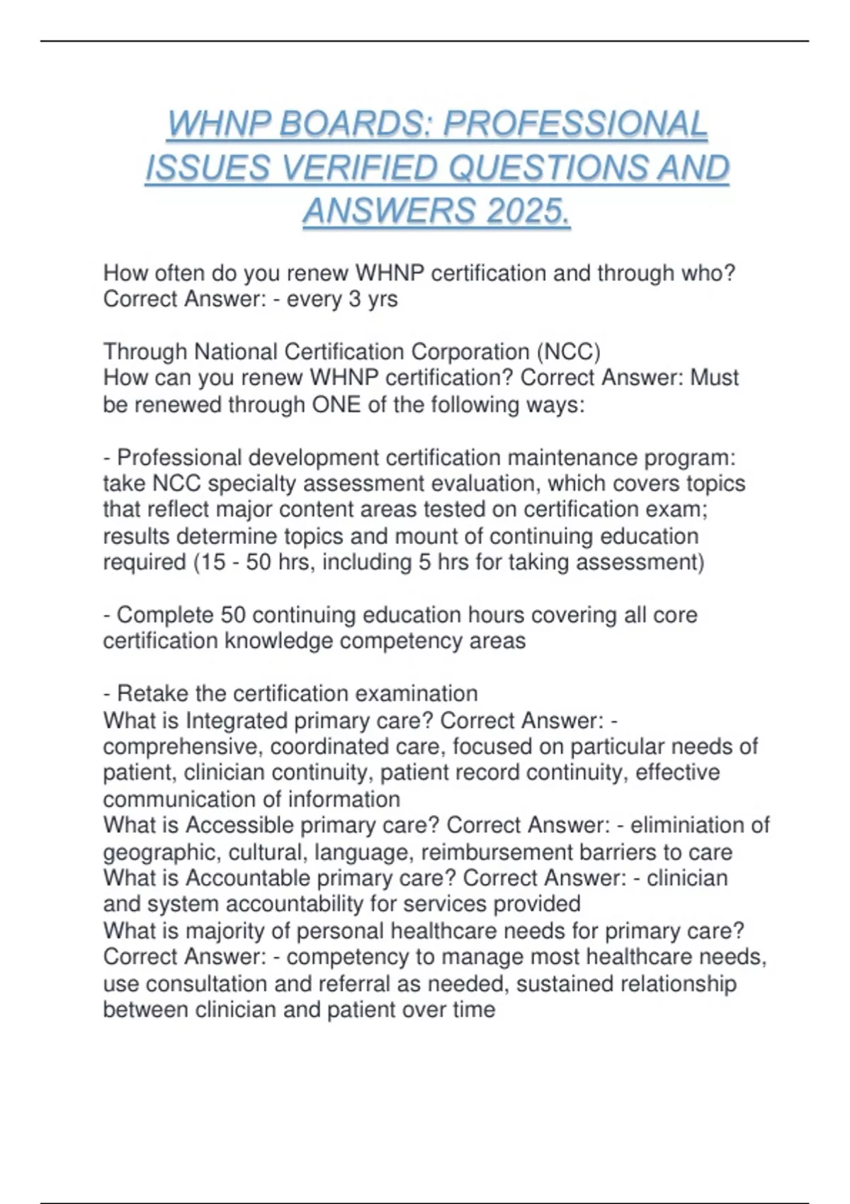 WHNP BOARDS: PROFESSIONAL ISSUES VERIFIED QUESTIONS AND ANSWERS 2025 ...