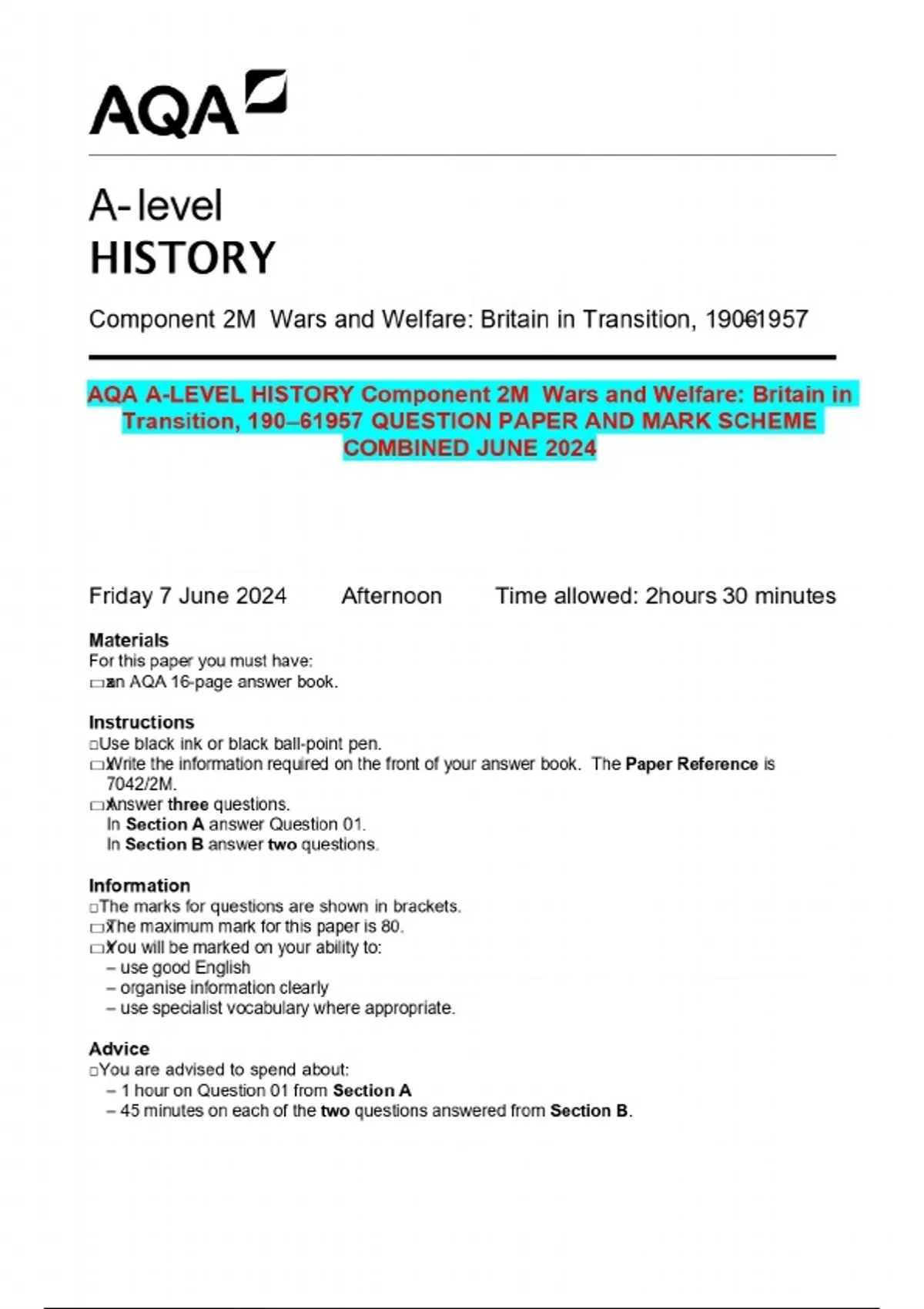 AQA A-LEVEL HISTORY Component 2M Wars and Welfare: Britain in ...