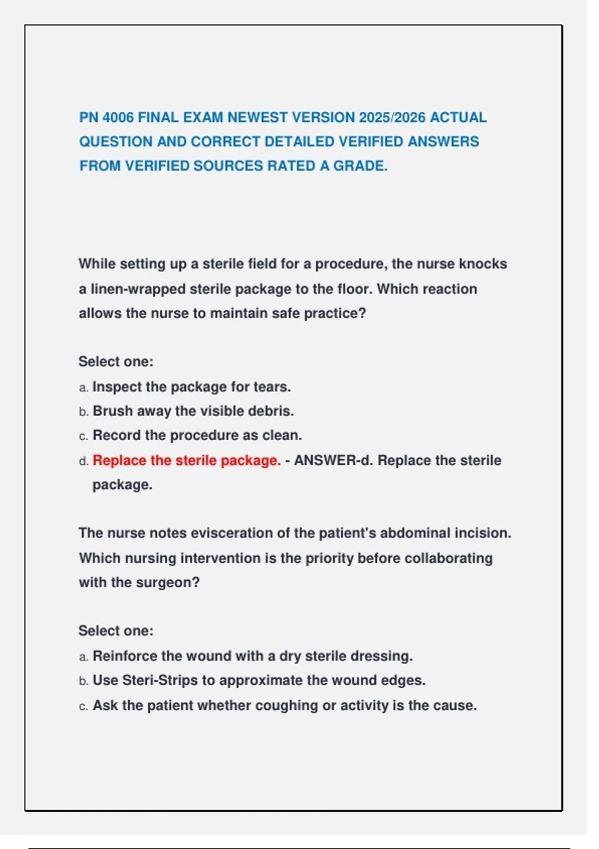 PN 4006 FINAL EXAM NEWEST VERSION 2025/2026 ACTUAL QUESTION AND CORRECT ...