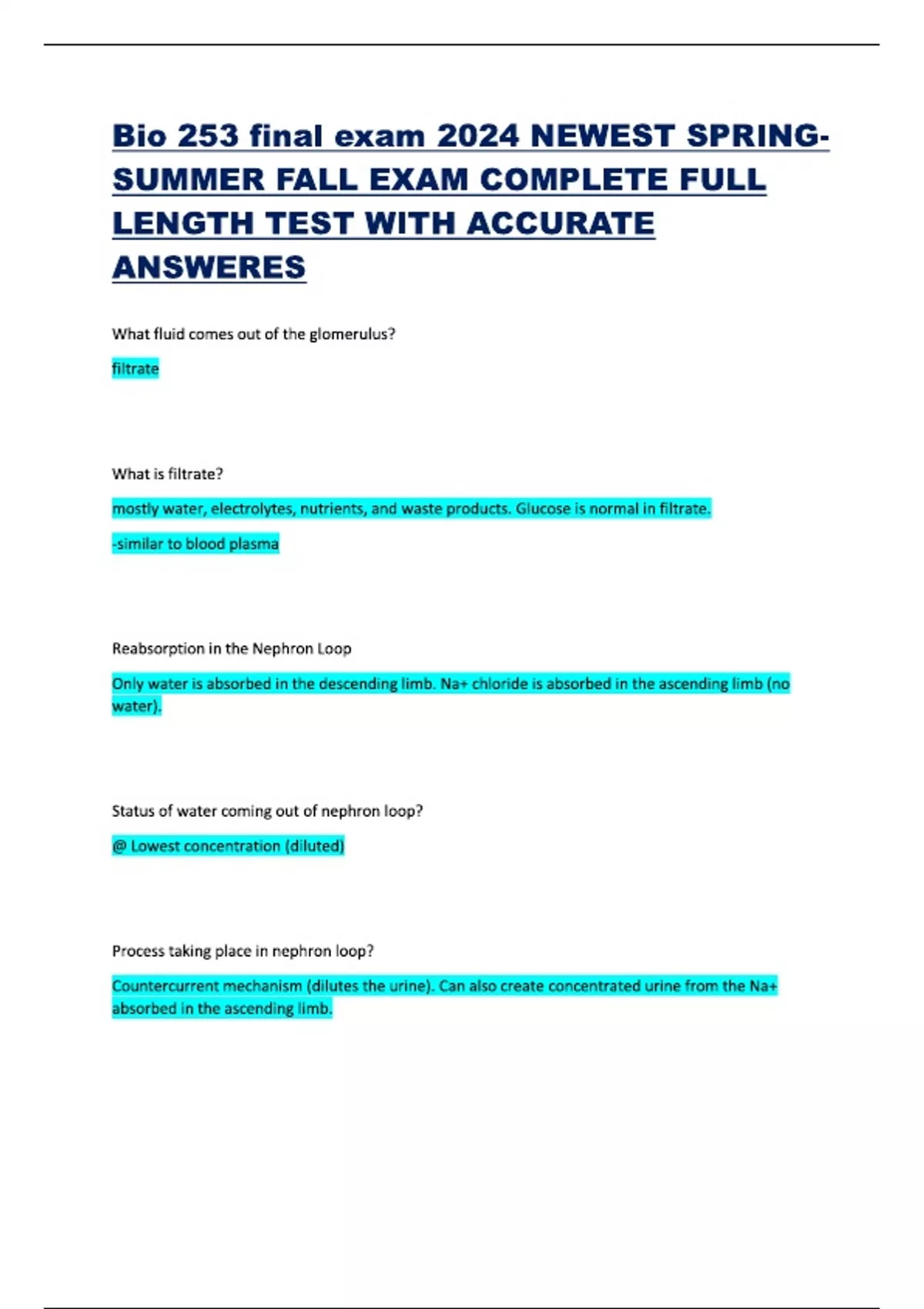Bio 253 final exam 2024 NEWEST SPRING-SUMMER FALL EXAM COMPLETE FULL ...