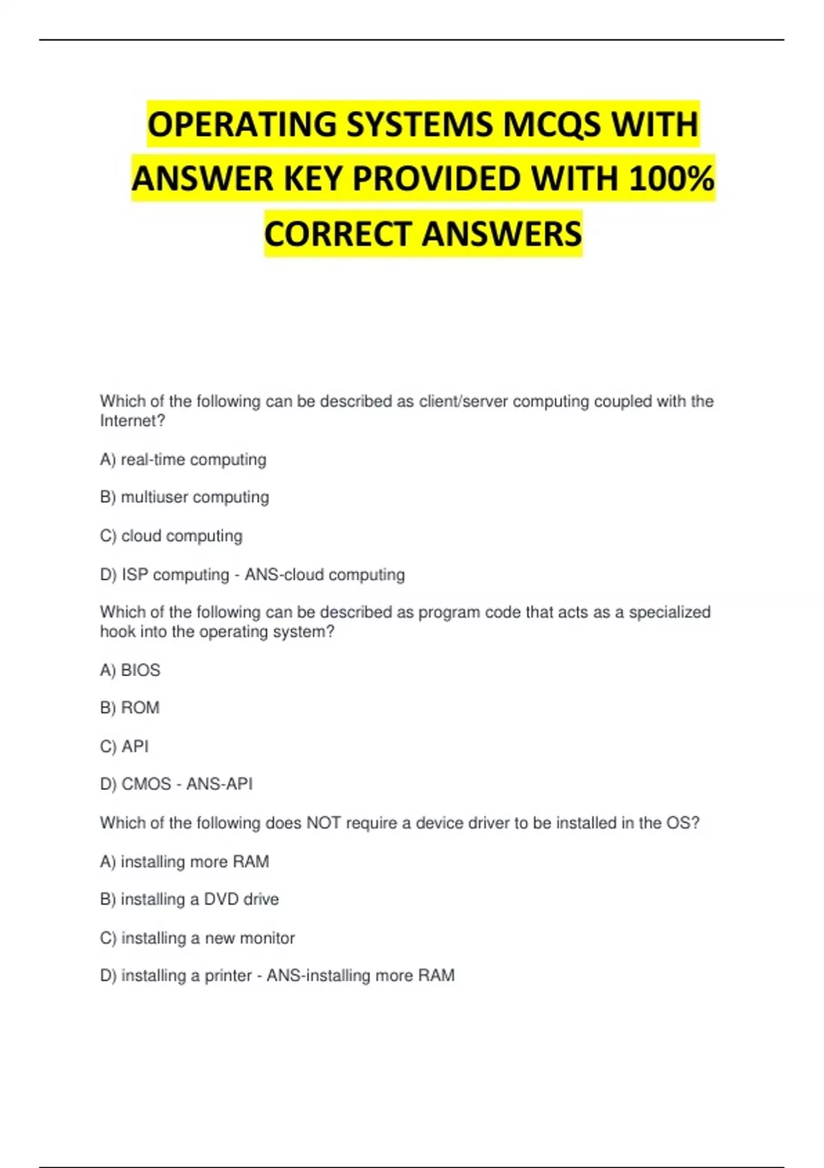 OPERATING SYSTEMS MCQS WITH ANSWER KEY PROVIDED WITH 100% CORRECT ANSWERS - COMPUTER SCIENCE ...