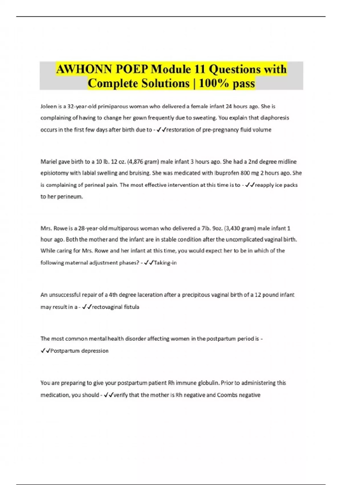 AWHONN POEP Module 11 Questions with Complete Solutions | 100% pass ...