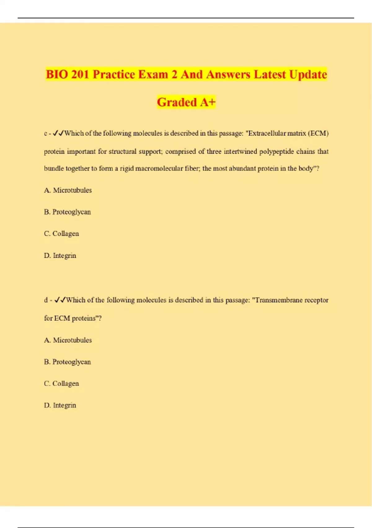 BIO 201 Practice Exam 2 And Answers Latest Update Graded A+ - Bio 201 ...