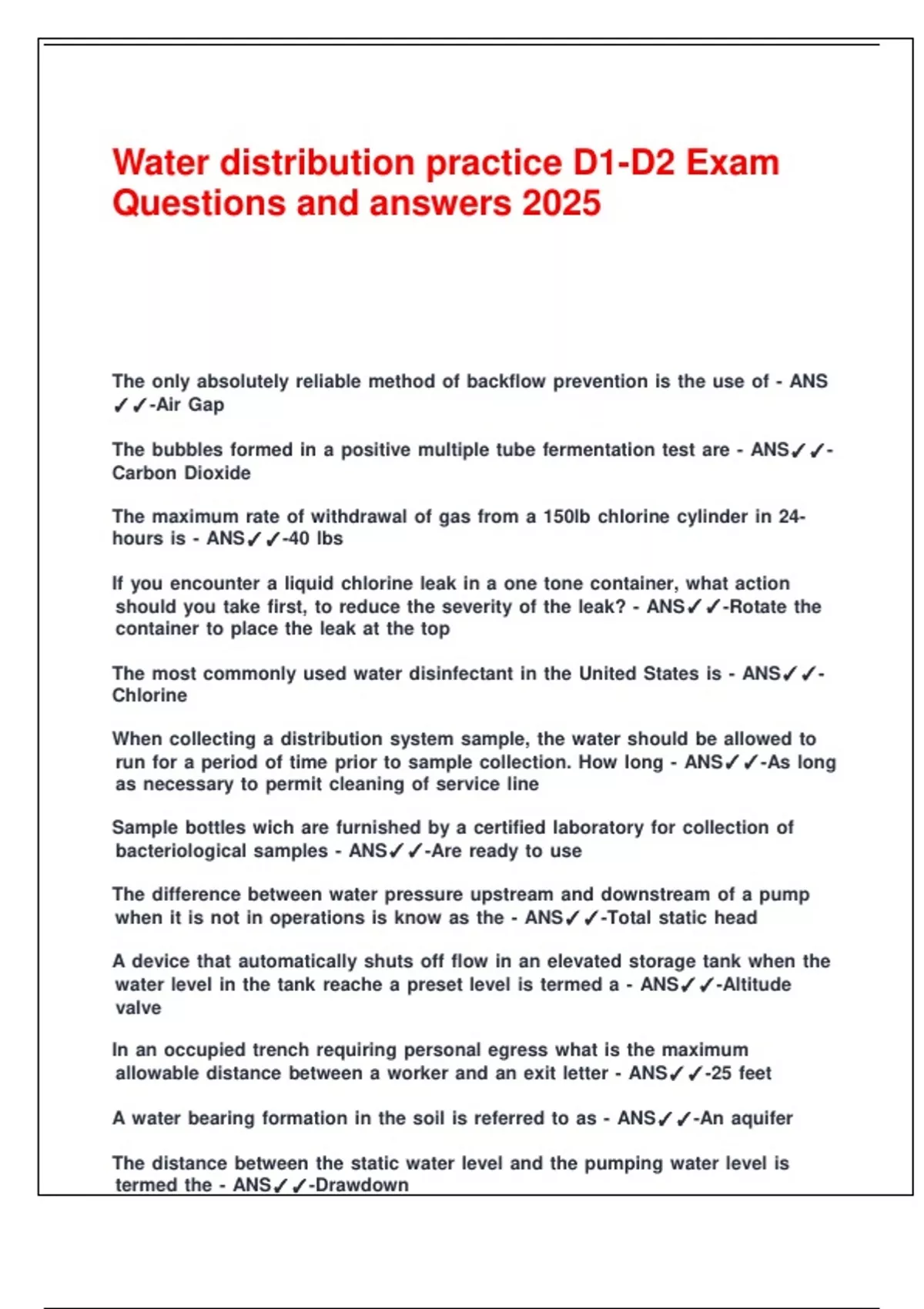 Water distribution practice D1-D2 Exam Questions and answers 2025 ...