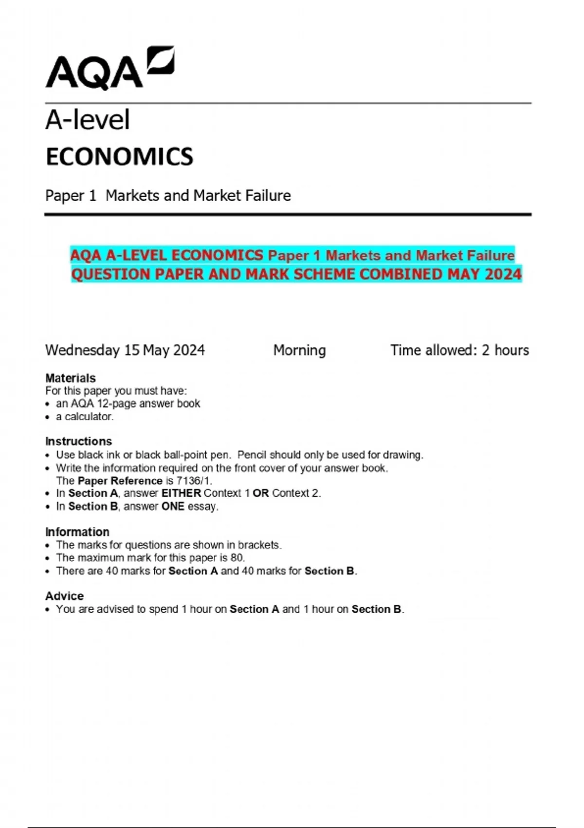 AQA A-LEVEL ECONOMICS Paper 1 Markets and Market Failure QUESTION PAPER ...
