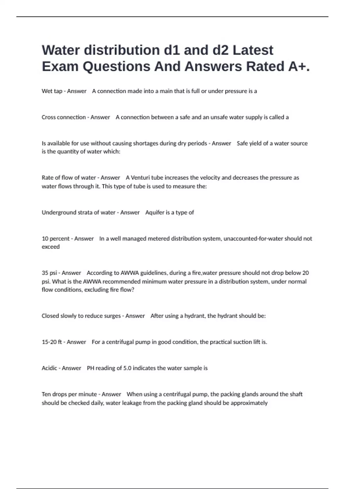Water distribution d1 and d2 Latest Exam Questions And Answers Rated A+ ...