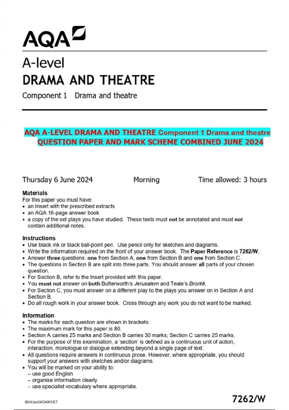 AQA A-LEVEL DRAMA AND THEATRE Component 1 Drama and theatre QUESTION ...