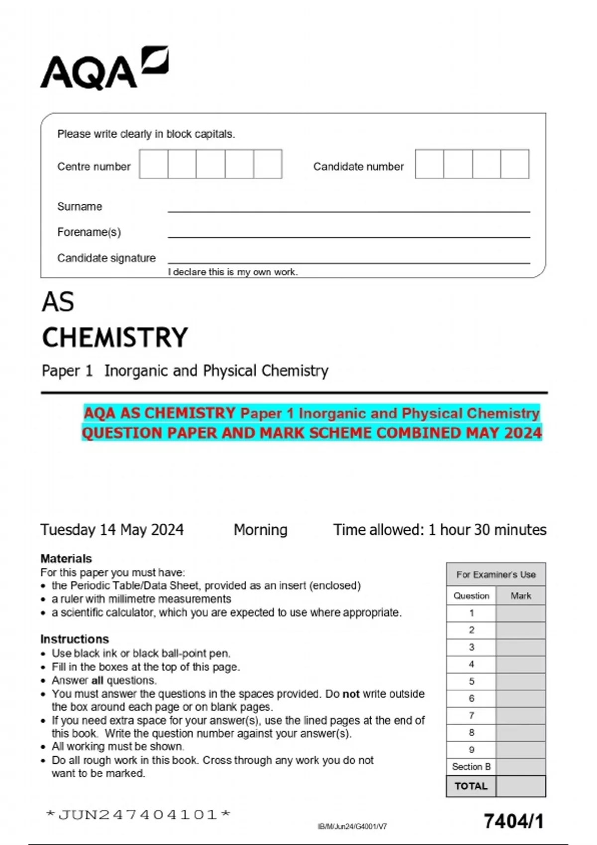 AQA AS CHEMISTRY Paper 1 Inorganic and Physical Chemistry QUESTION ...