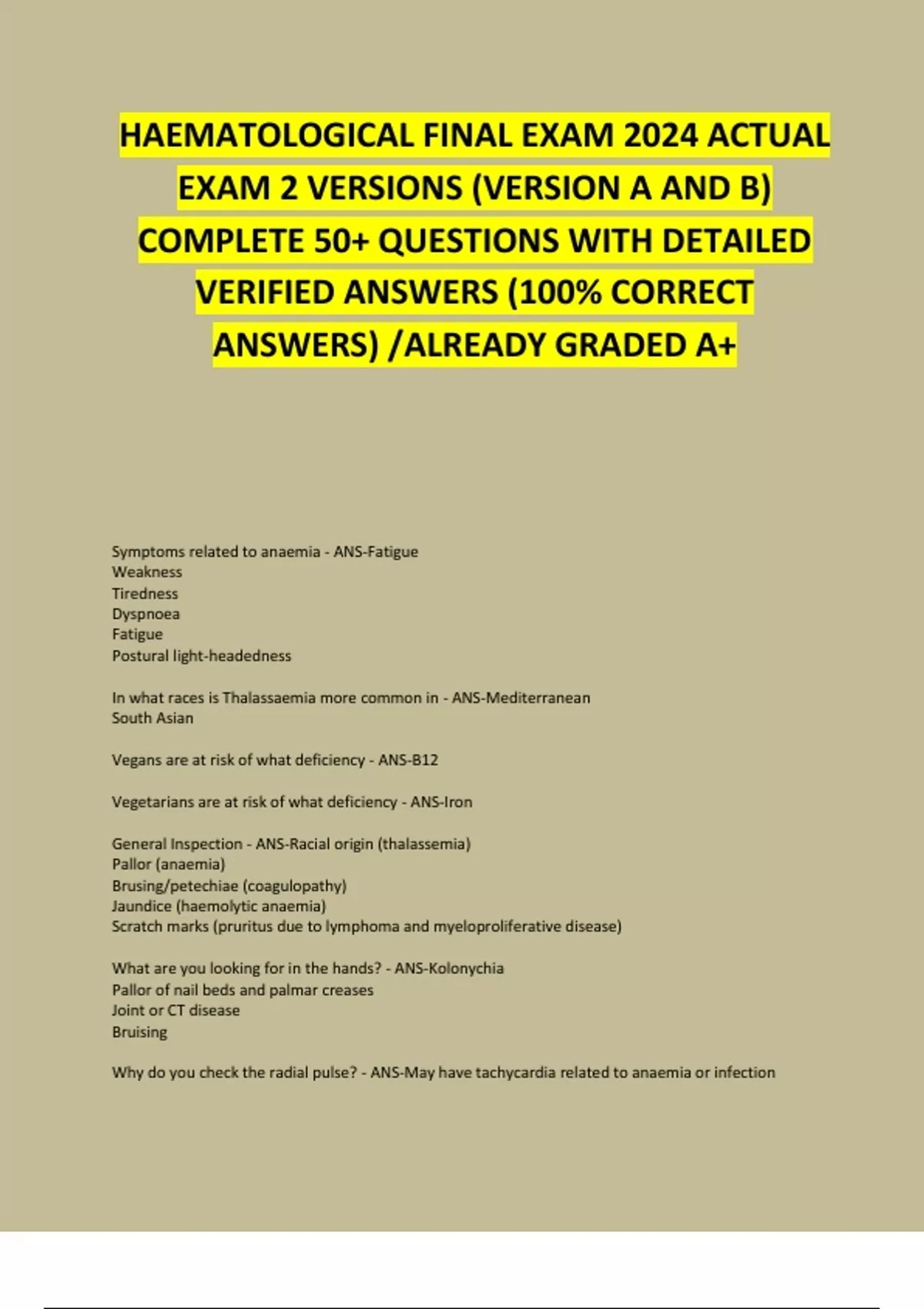 HAEMATOLOGICAL FINAL EXAM 2024 ACTUAL EXAM 2 VERSIONS (VERSION A AND B) COMPLETE 100+ QUESTIONS ...