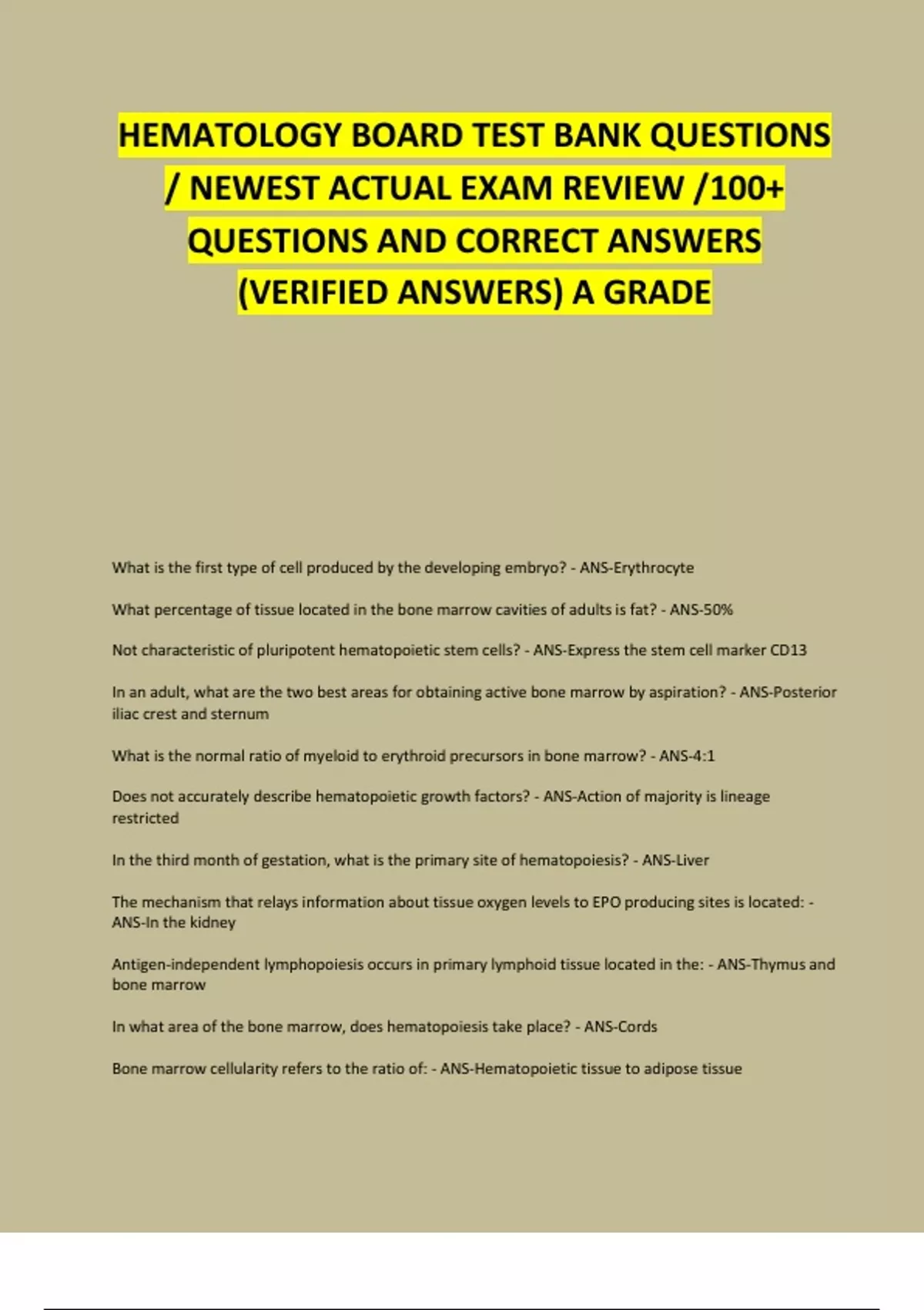 HEMATOLOGY BOARD TEST BANK QUESTIONS; NEWEST ACTUAL EXAM REVIEW;100 ...