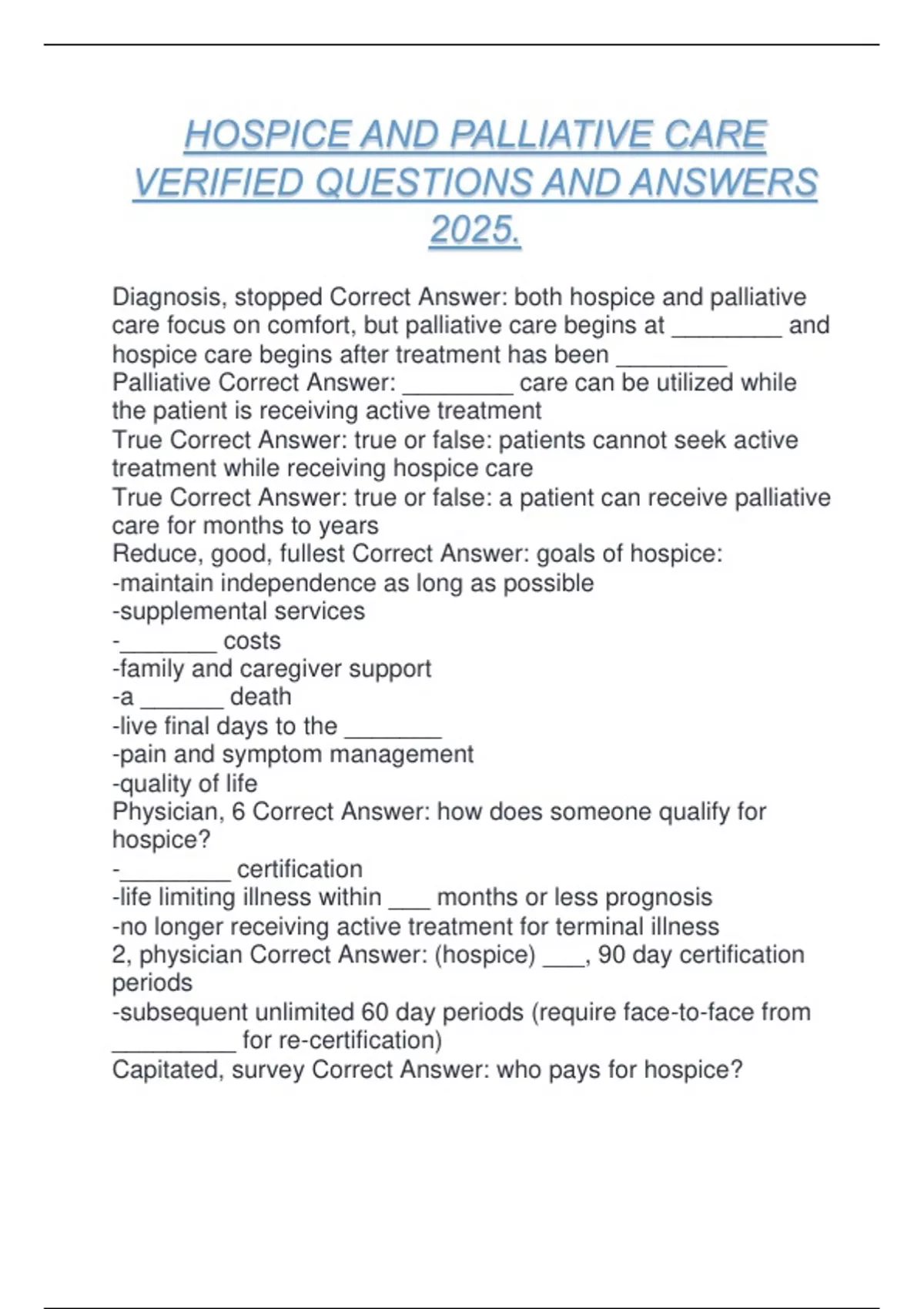 HOSPICE AND PALLIATIVE CARE VERIFIED QUESTIONS AND ANSWERS 2025 ...