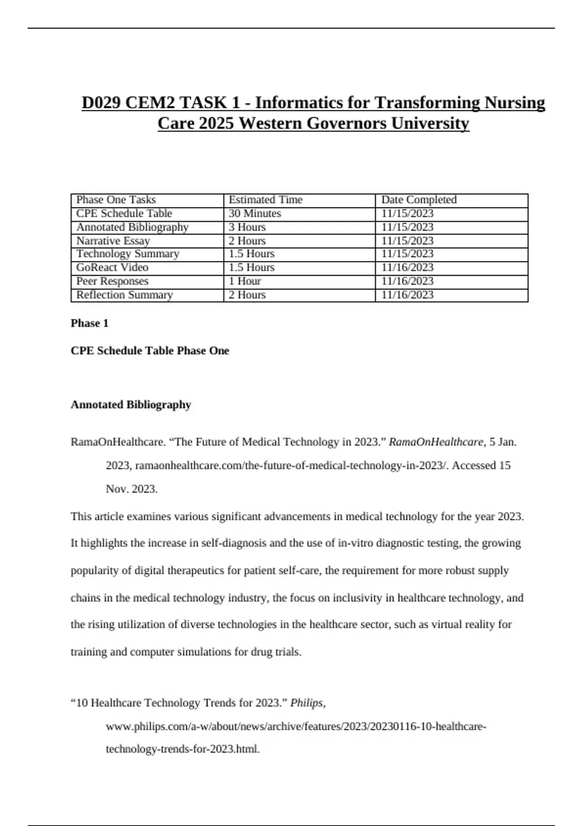 D029 CEM2 TASK 1 - Informatics for Transforming Nursing Care 2025 ...