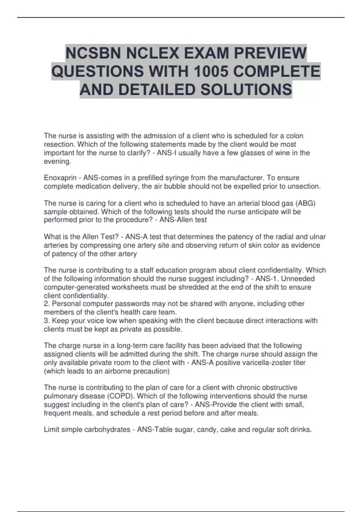 NCSBN NCLEX EXAM PREVIEW QUESTIONS WITH 100% COMPLETE AND DETAILED SOLUTIONS - Ncsbn - Stuvia US