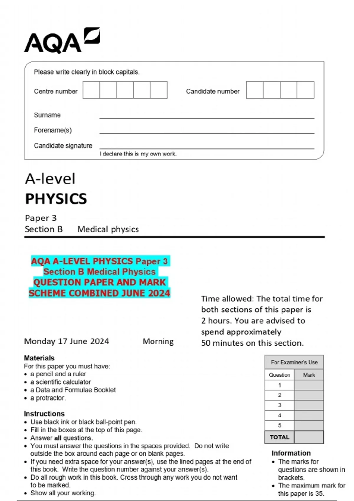 AQA A-LEVEL PHYSICS Paper 3 Section B Medical Physics QUESTION PAPER ...