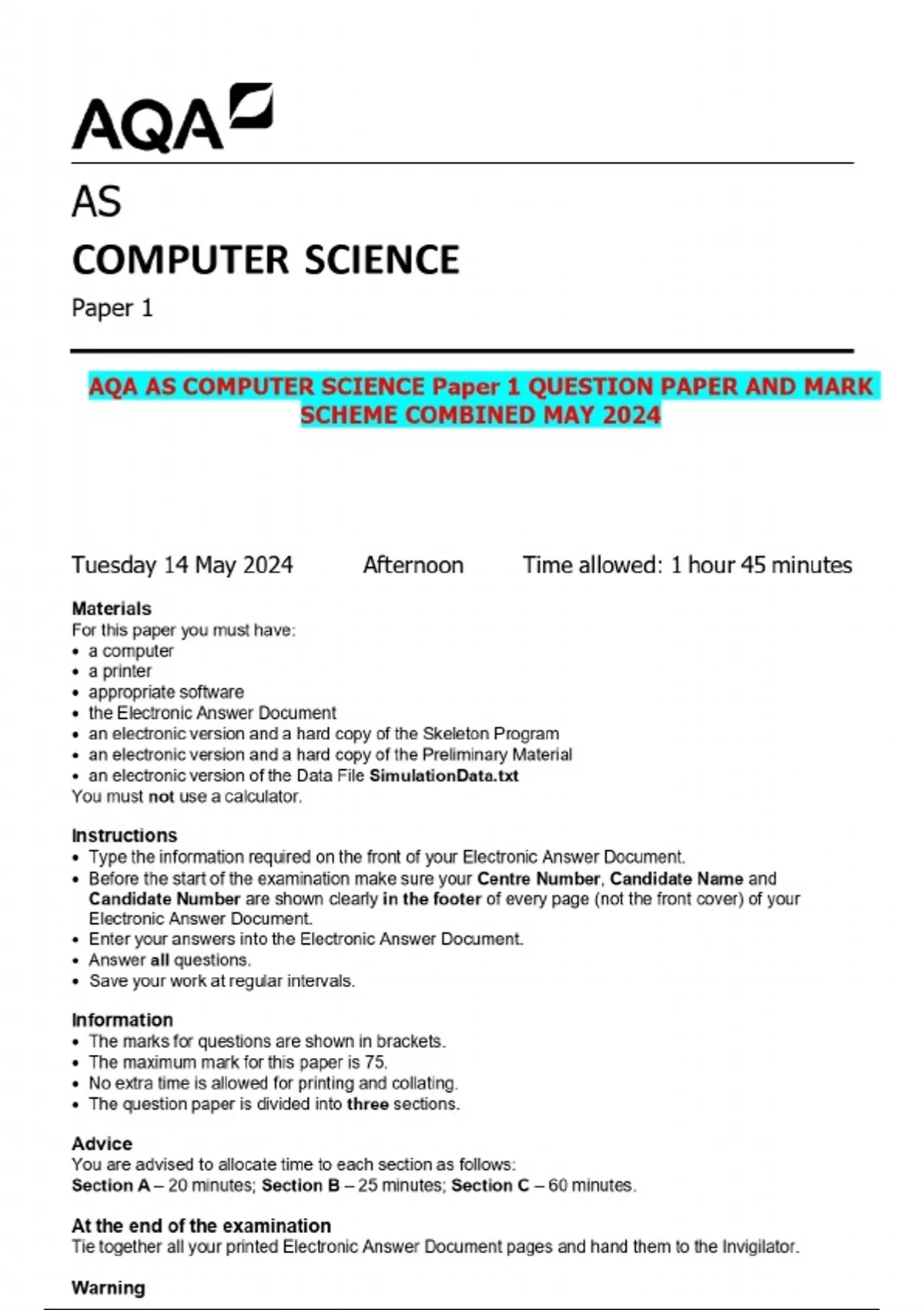 AQA AS COMPUTER SCIENCE Paper 1 QUESTION PAPER AND MARK SCHEME COMBINED MAY 2024 - AQA - Stuvia US