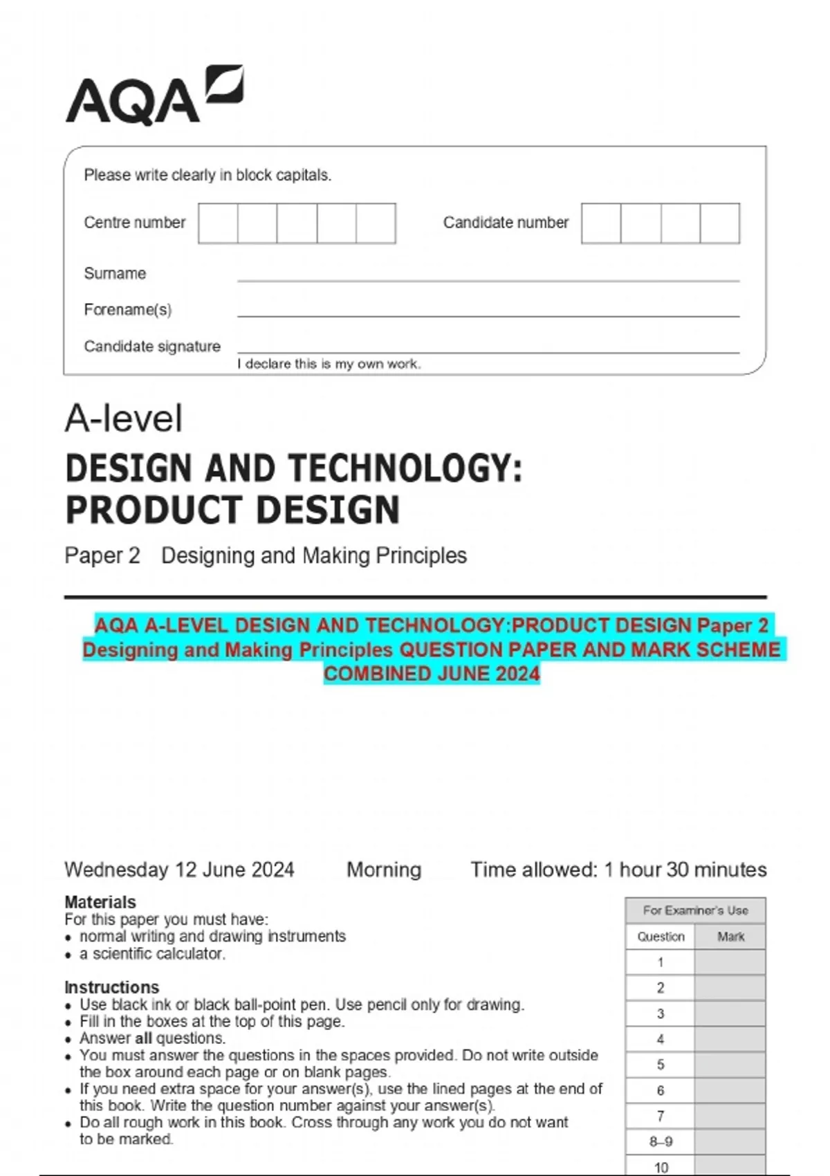 AQA A-LEVEL DESIGN AND TECHNOLOGY:PRODUCT DESIGN Paper 2 Designing and ...