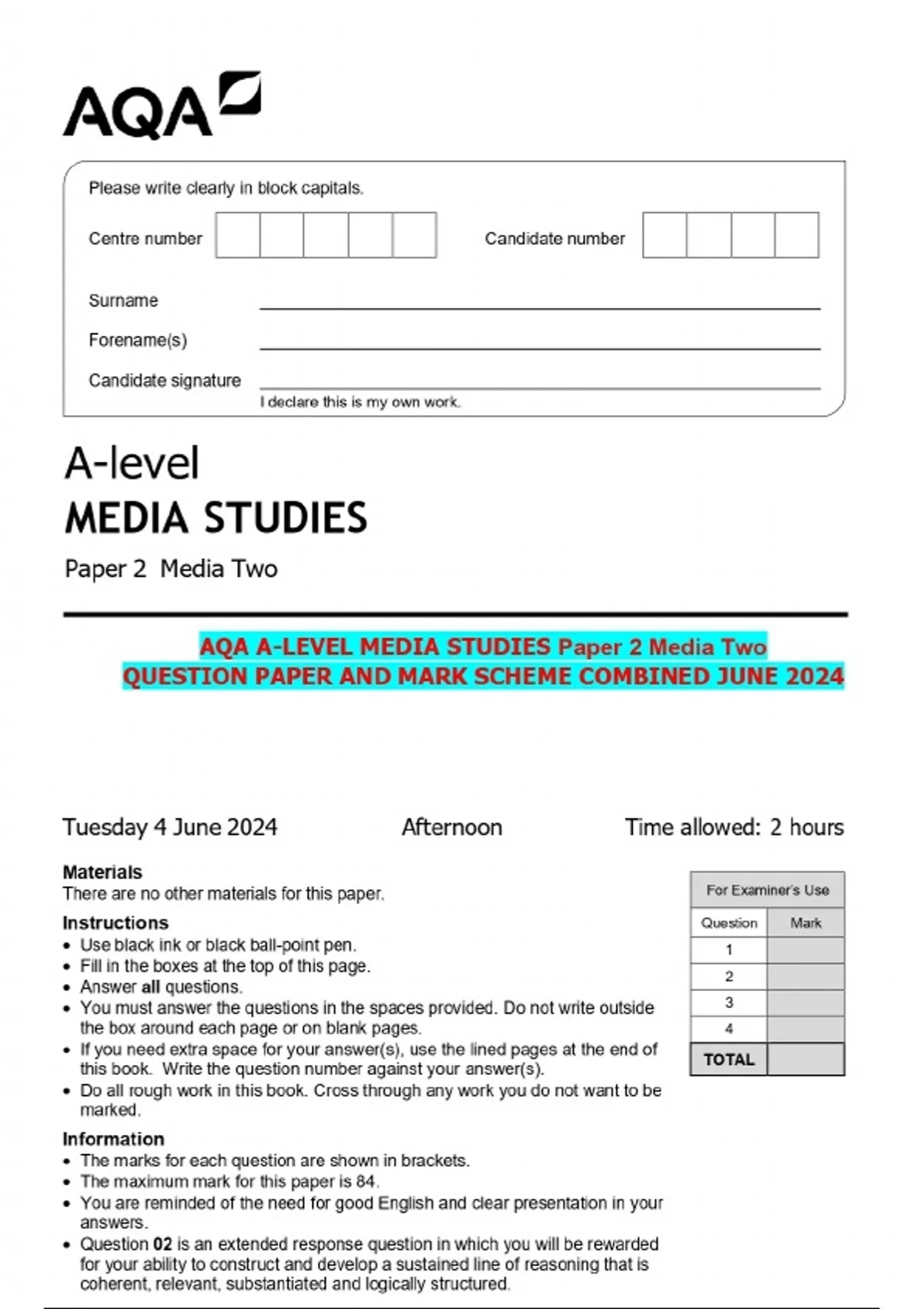 AQA A-LEVEL MEDIA STUDIES Paper 2 Media Two QUESTION PAPER AND MARK SCHEME COMBINED JUNE 2024 ...