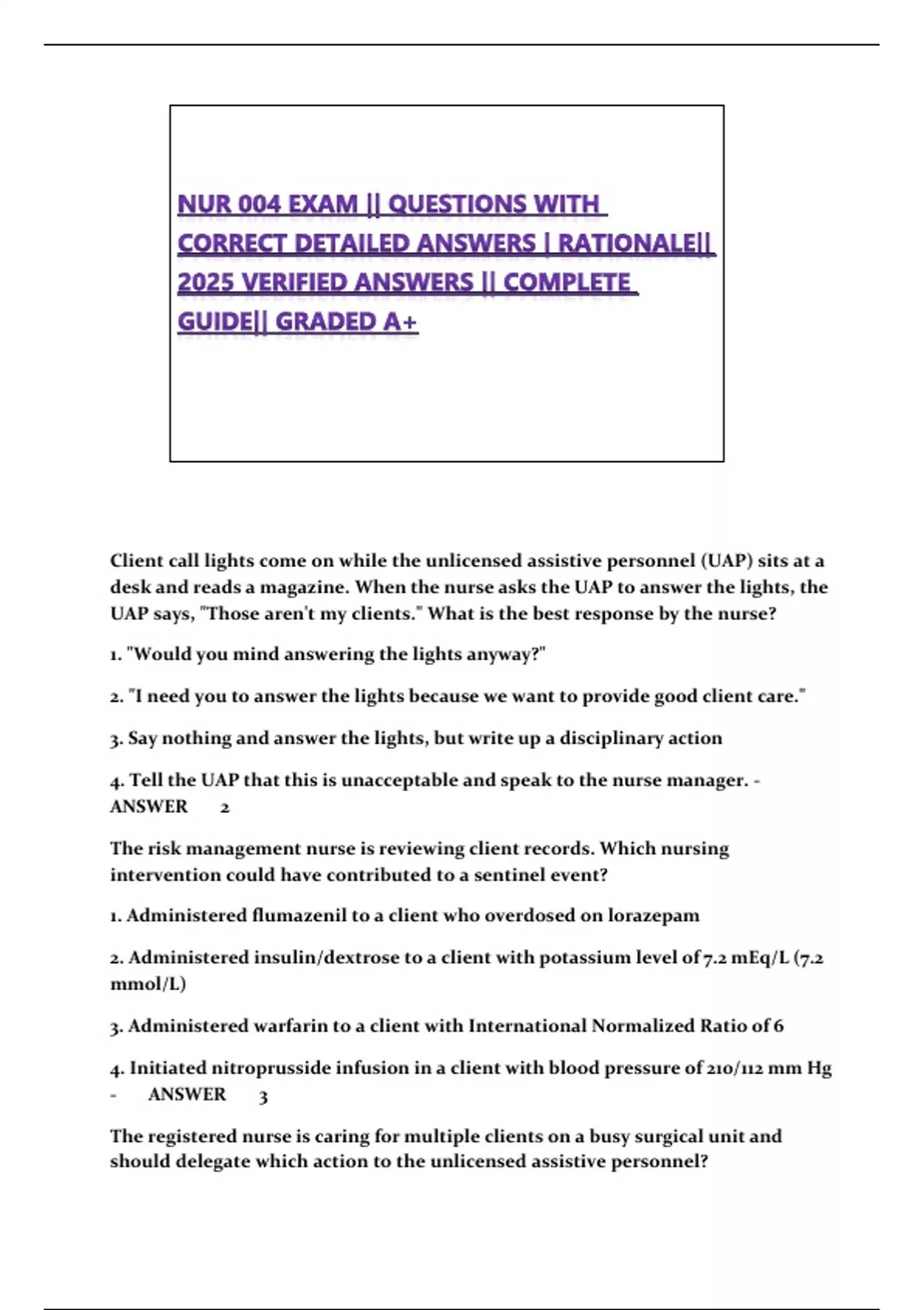 NUR 004 EXAM || QUESTIONS WITH CORRECT DETAILED ANSWERS | RATIONALE ...