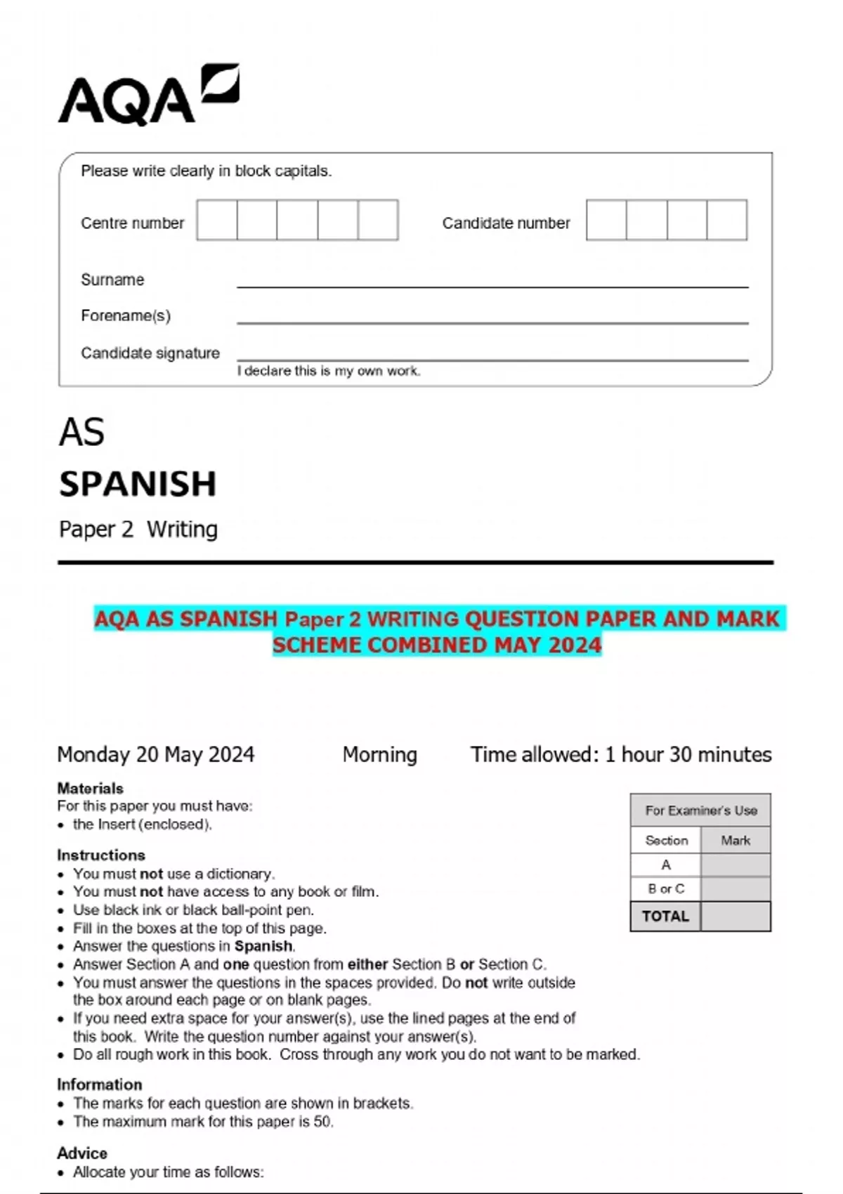 AQA AS SPANISH Paper 2 WRITING QUESTION PAPER AND MARK SCHEME COMBINED ...