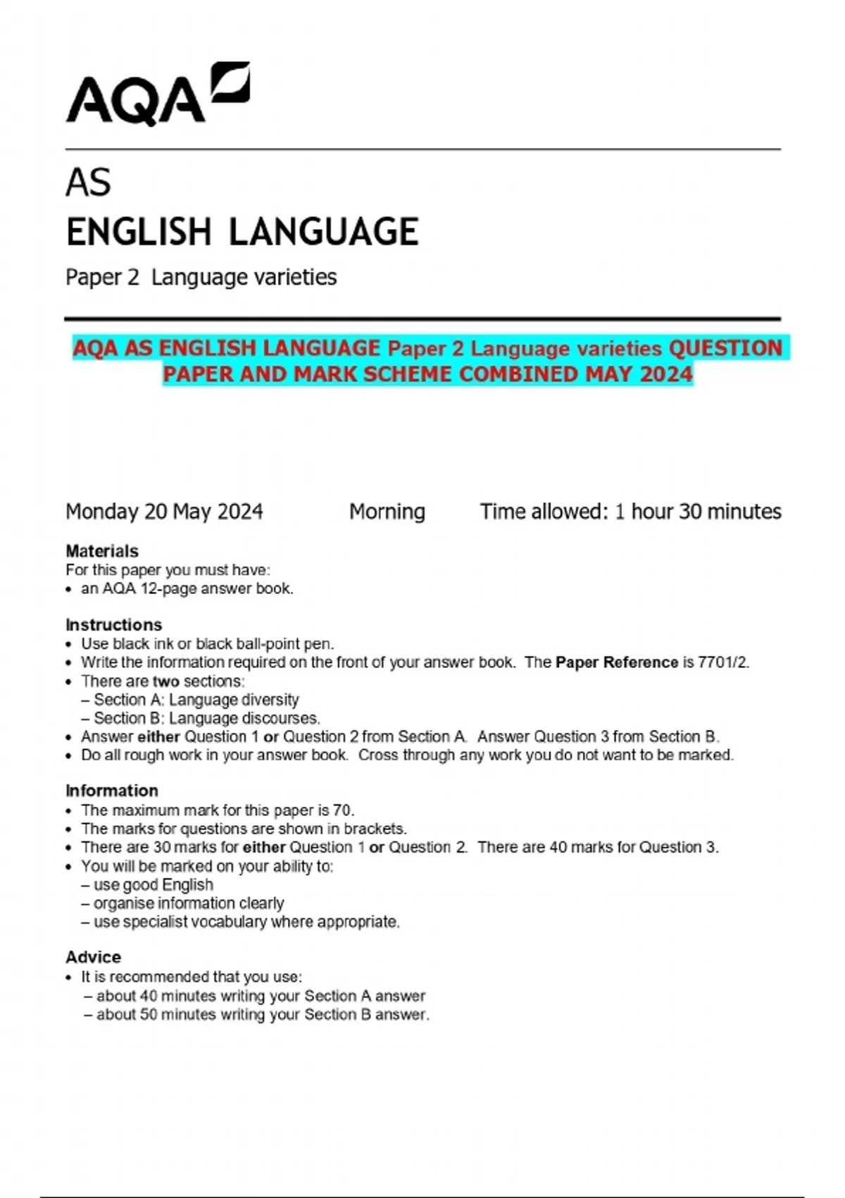 AQA AS ENGLISH LANGUAGE Paper 2 Language varieties QUESTION PAPER AND ...
