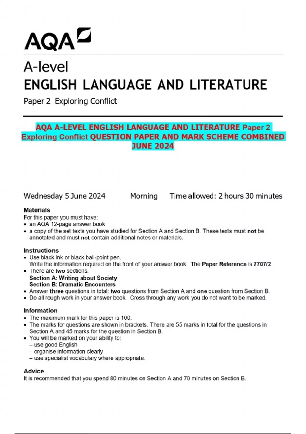 AQA A-LEVEL ENGLISH LANGUAGE AND LITERATURE Paper 2 Exploring Conflict ...