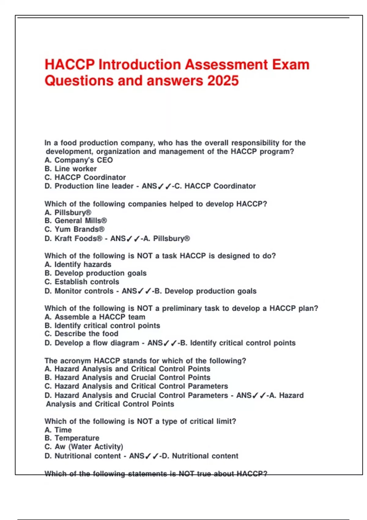 HACCP Introduction Assessment Exam Questions and answers 2025. - HACCP - Stuvia US