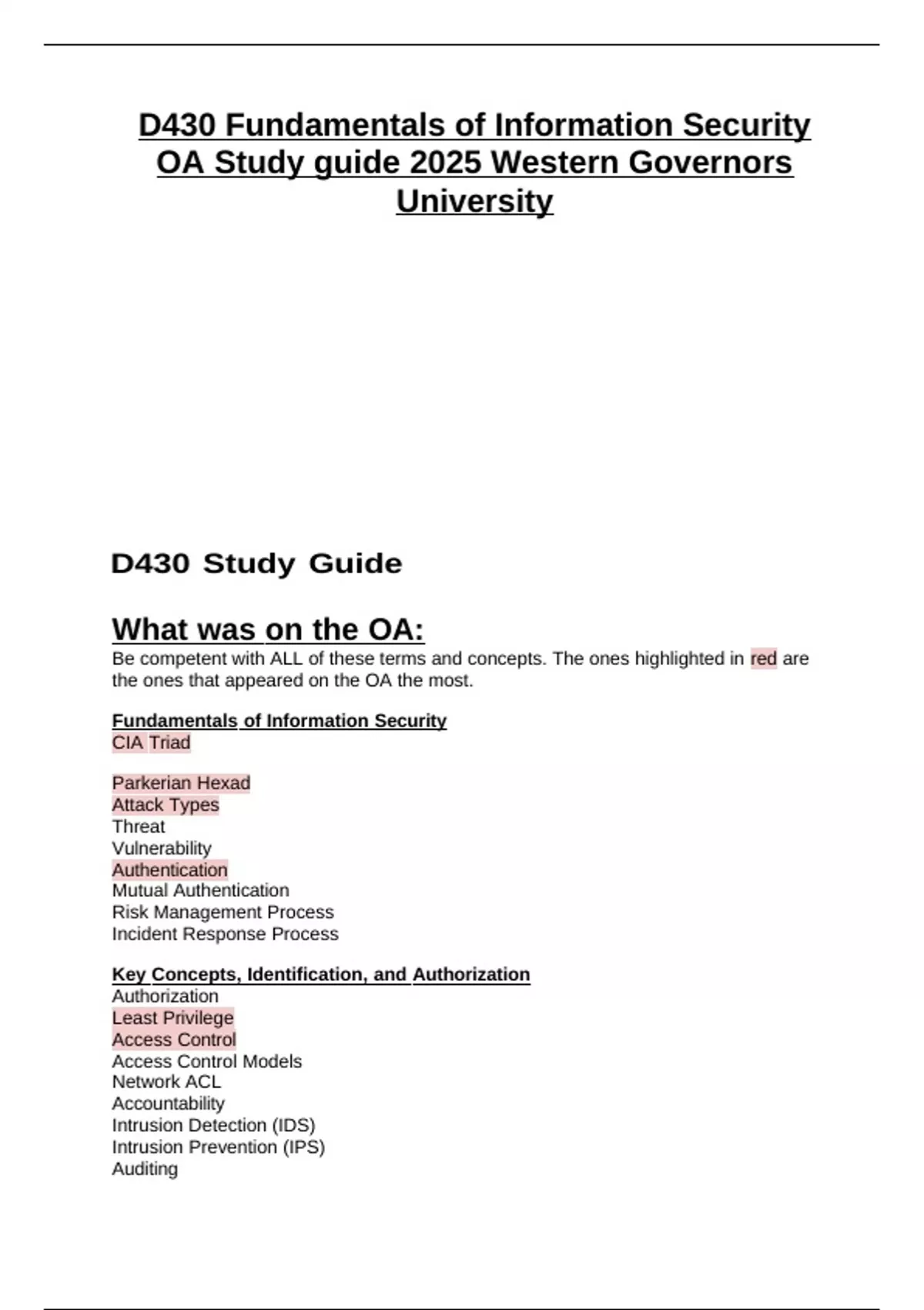 D430 Fundamentals of Information Security OA Study guide 2025 Western Governors University - WGU ...