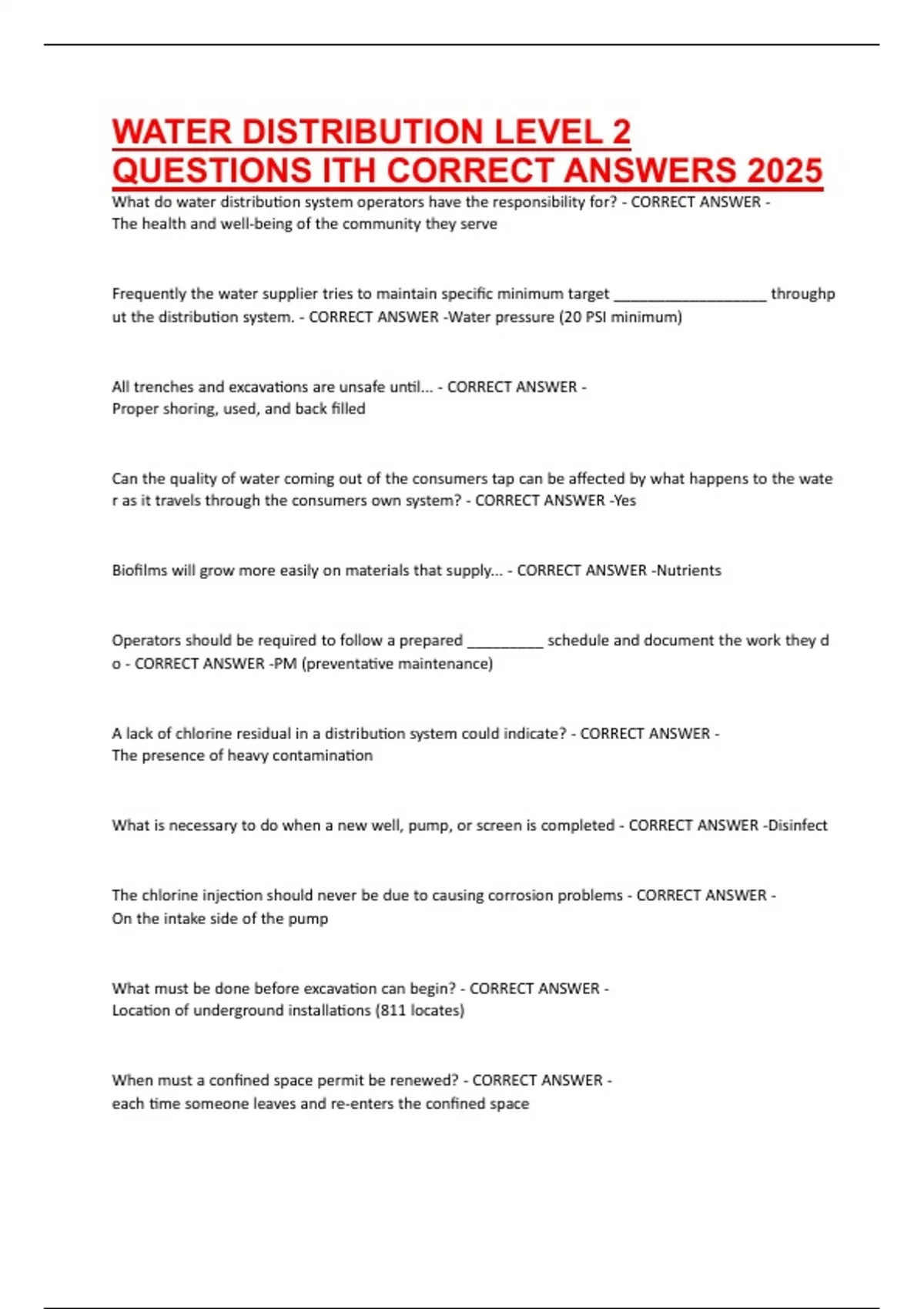 WATER DISTRIBUTION LEVEL 2 QUESTIONS ITH CORRECT ANSWERS 2025 - WATER ...