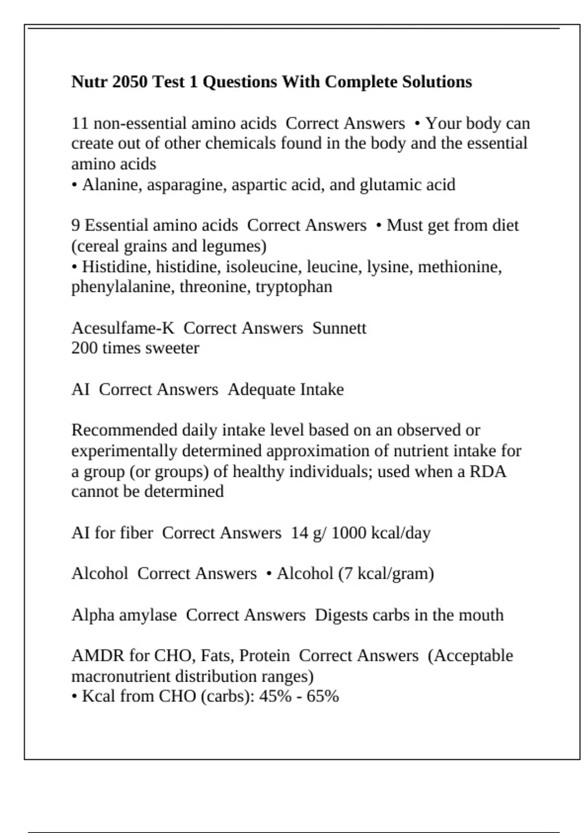 Nutr 2050 Test 1 Questions With Complete Solutions - Nutr 2050 - Stuvia US