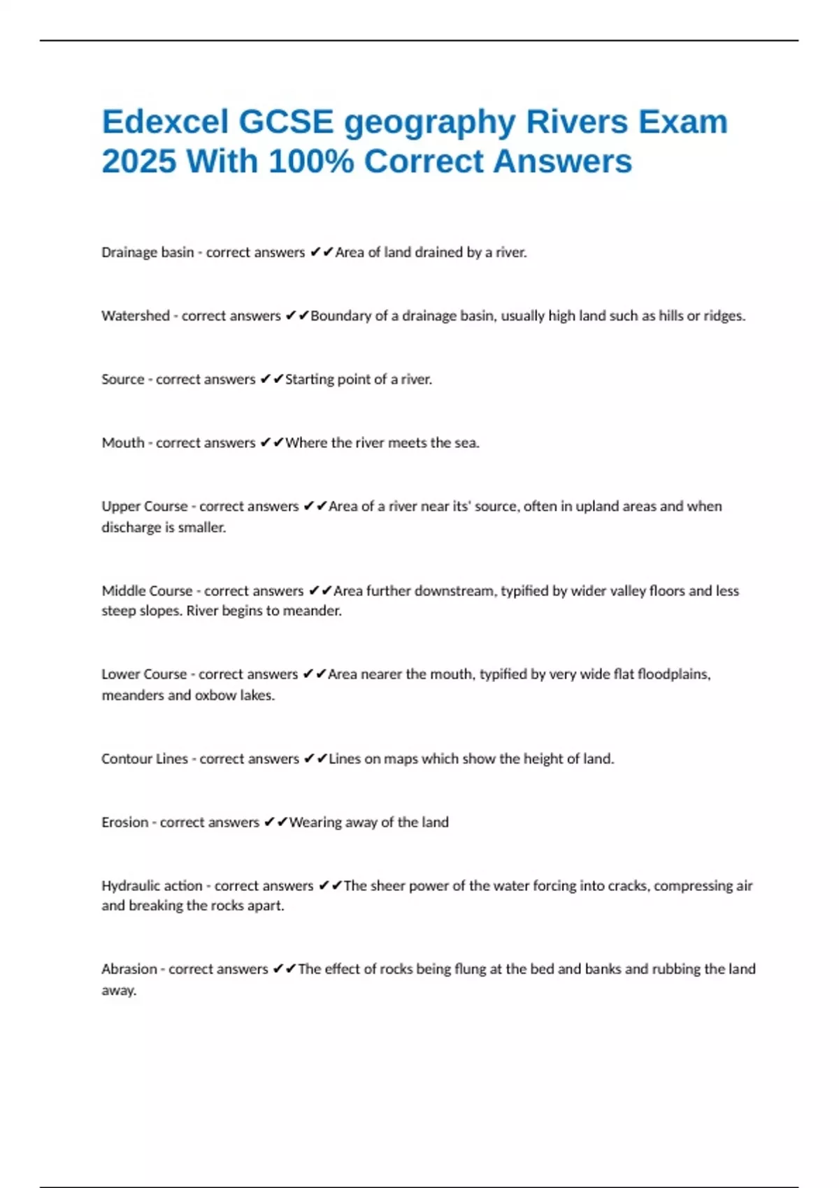 Edexcel GCSE geography Rivers Exam 2025 With 100% Correct Answers ...