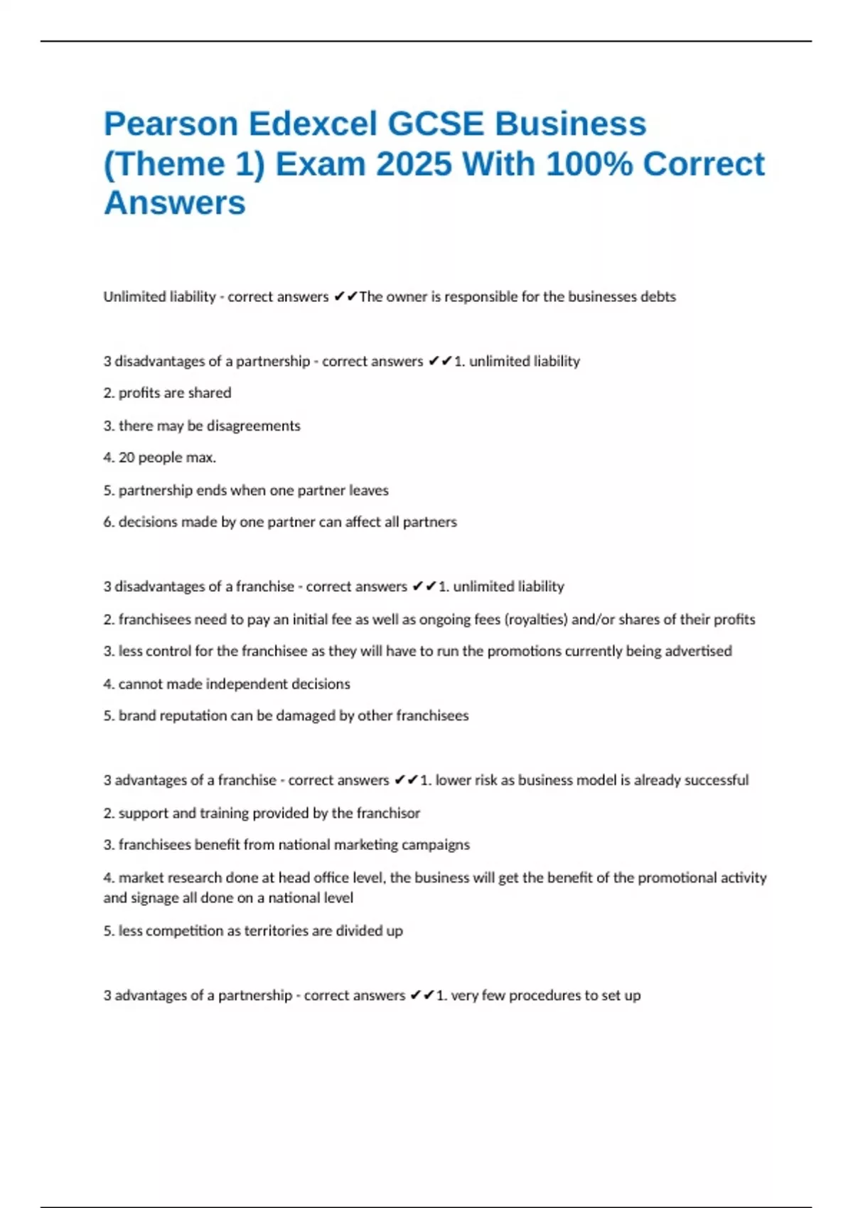 Pearson Edexcel GCSE Business (Theme 1) Exam 2025 With 100% Correct ...